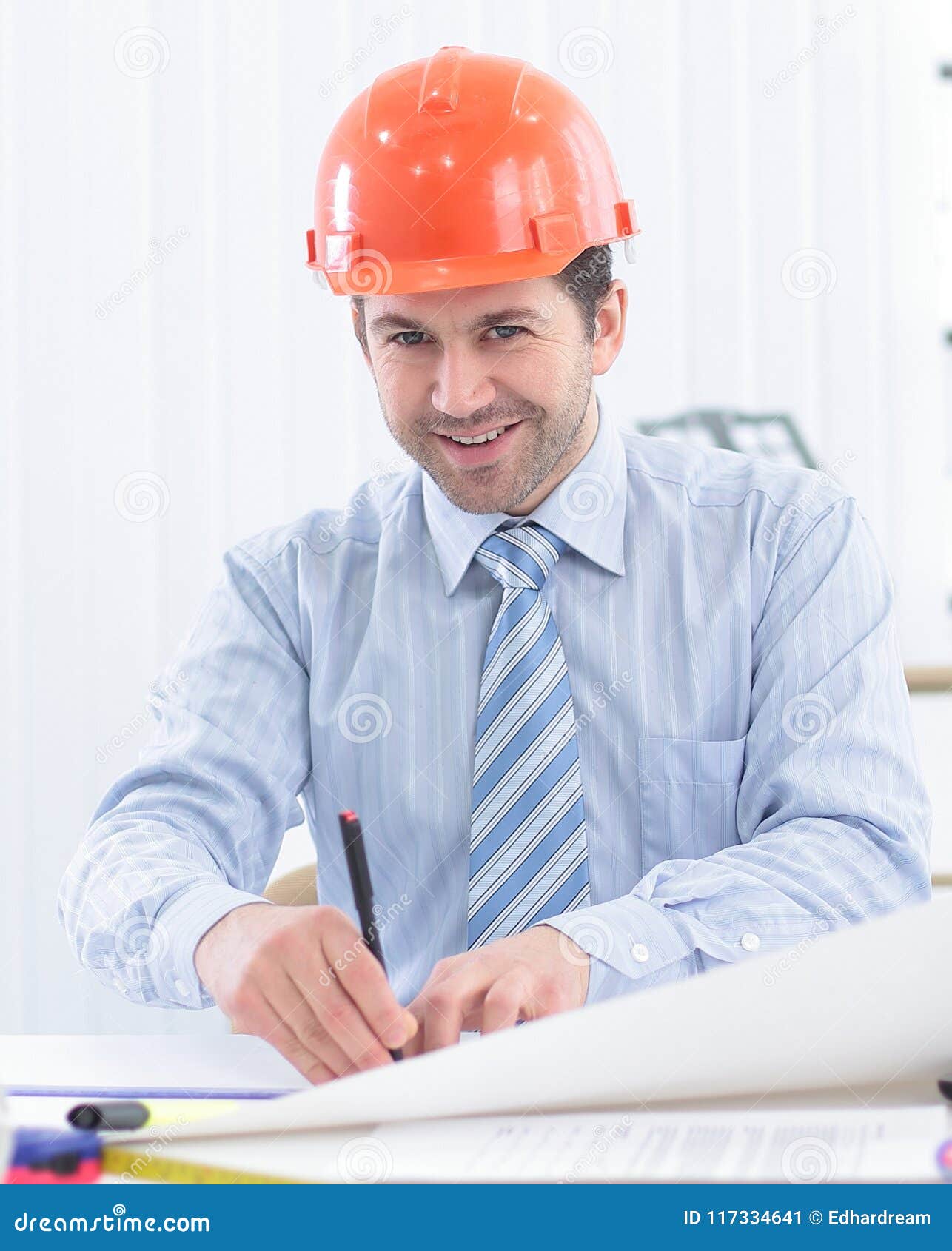 Architect Looking Working in Office at Desk. Stock Image - Image of ...
