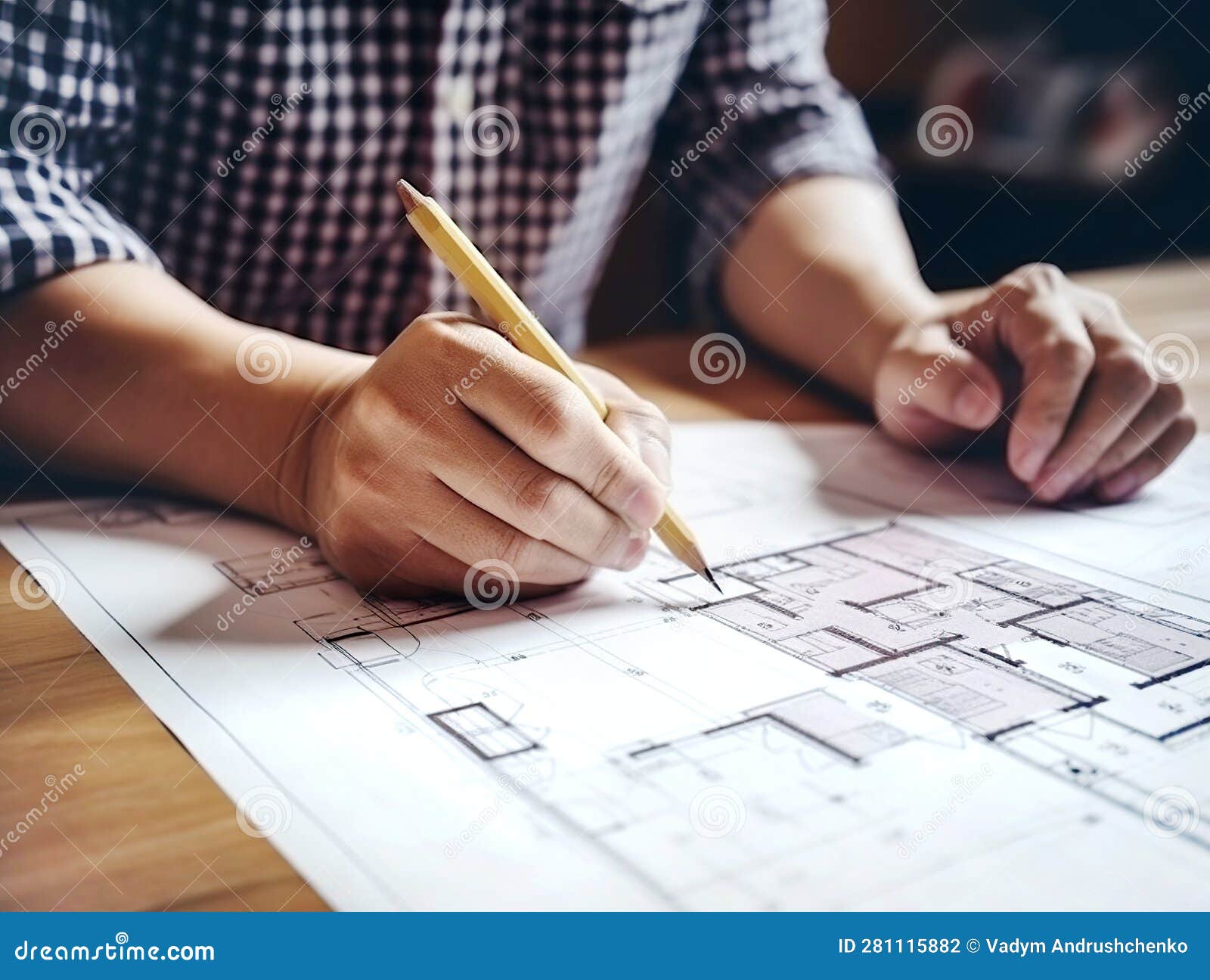 Architect Male Hands Drawing and Checking Construction Project ...