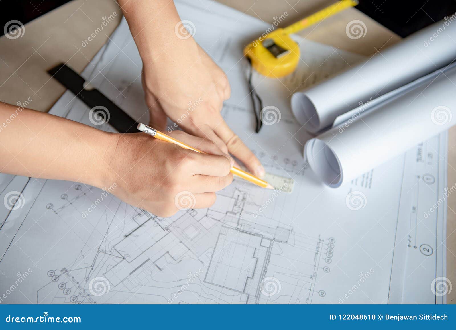 Male Architect Hand Sketching on Architectural Drawing Stock Photo ...