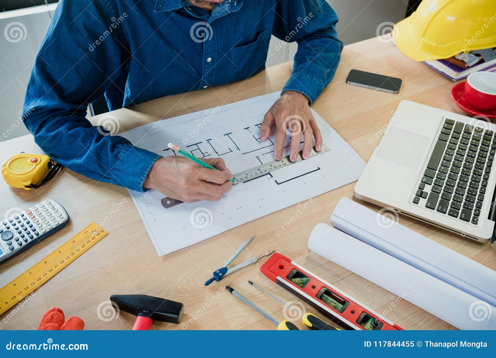 Architect Man Drawing on Architectural Project. Stock Image - Image of ...