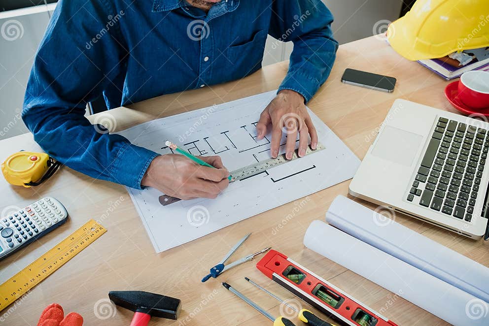 Architect Man Drawing on Architectural Project. Stock Image - Image of ...