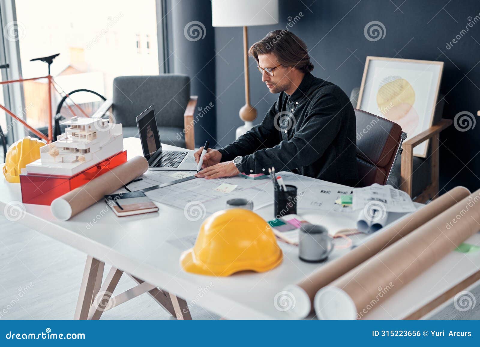 Architect, Man and Drawing on Floor Plan with Blueprint for Design ...