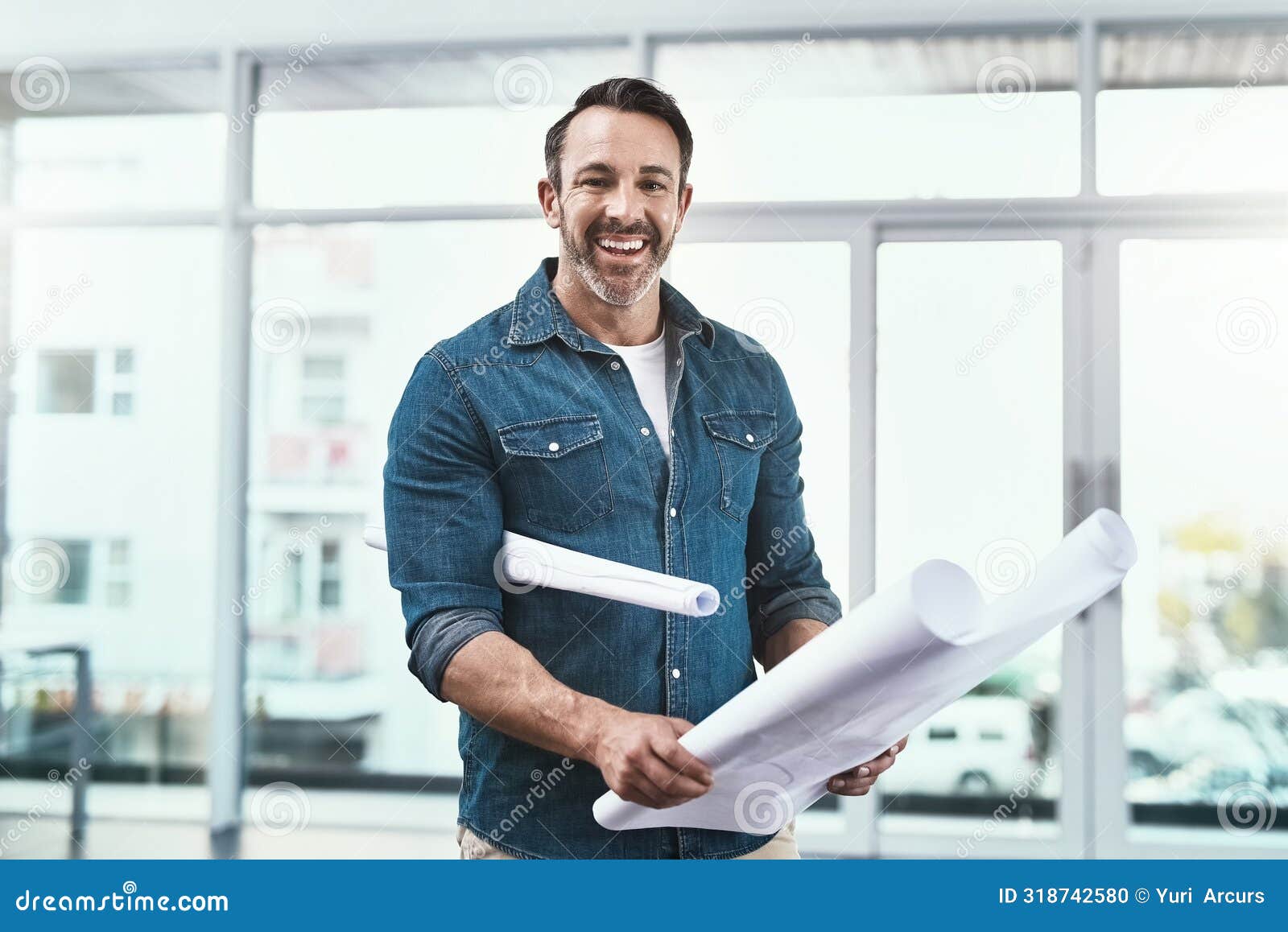 Architect, Man and Portrait by Reading Blueprint for Design of Building ...