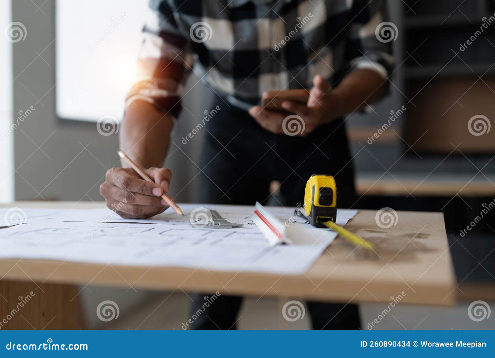 Architect Man Working with Blueprints for Architectural Plan, Engineer ...