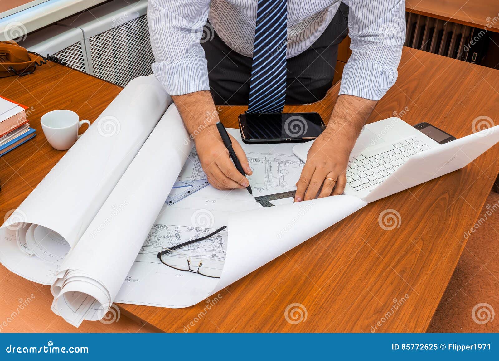 Architect Man Working with Blueprints Stock Image - Image of draws ...