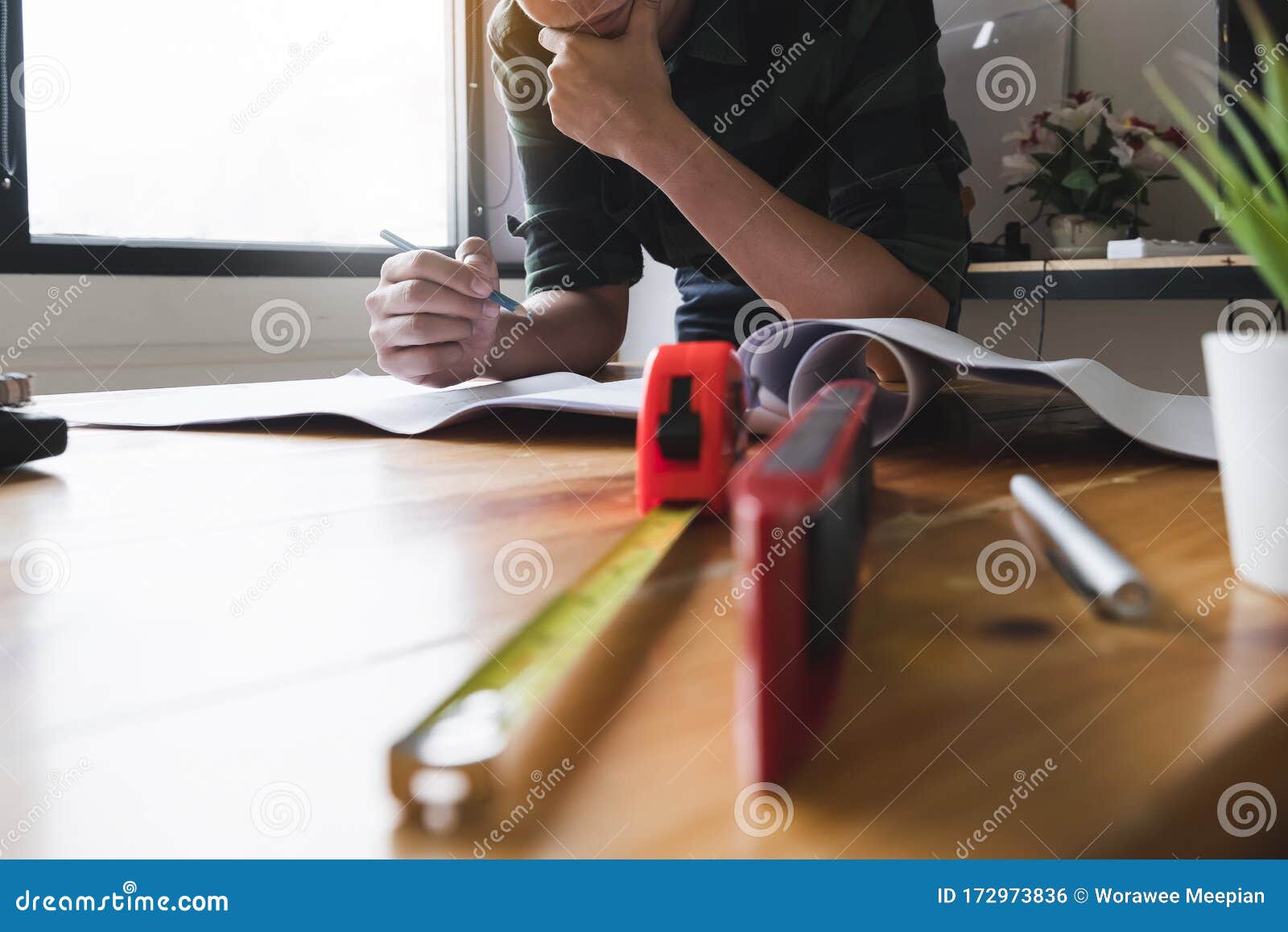 Architect Man Working with Compasses and Blueprints for Architectural ...