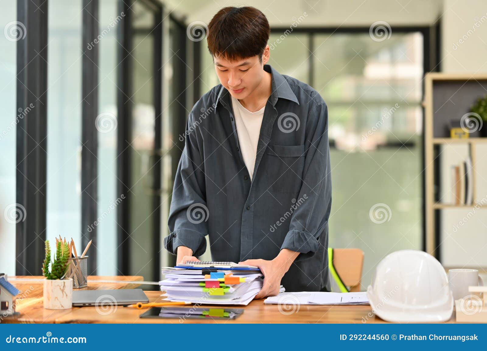 Architect Man Working on Construction Project and Preparing Document in ...