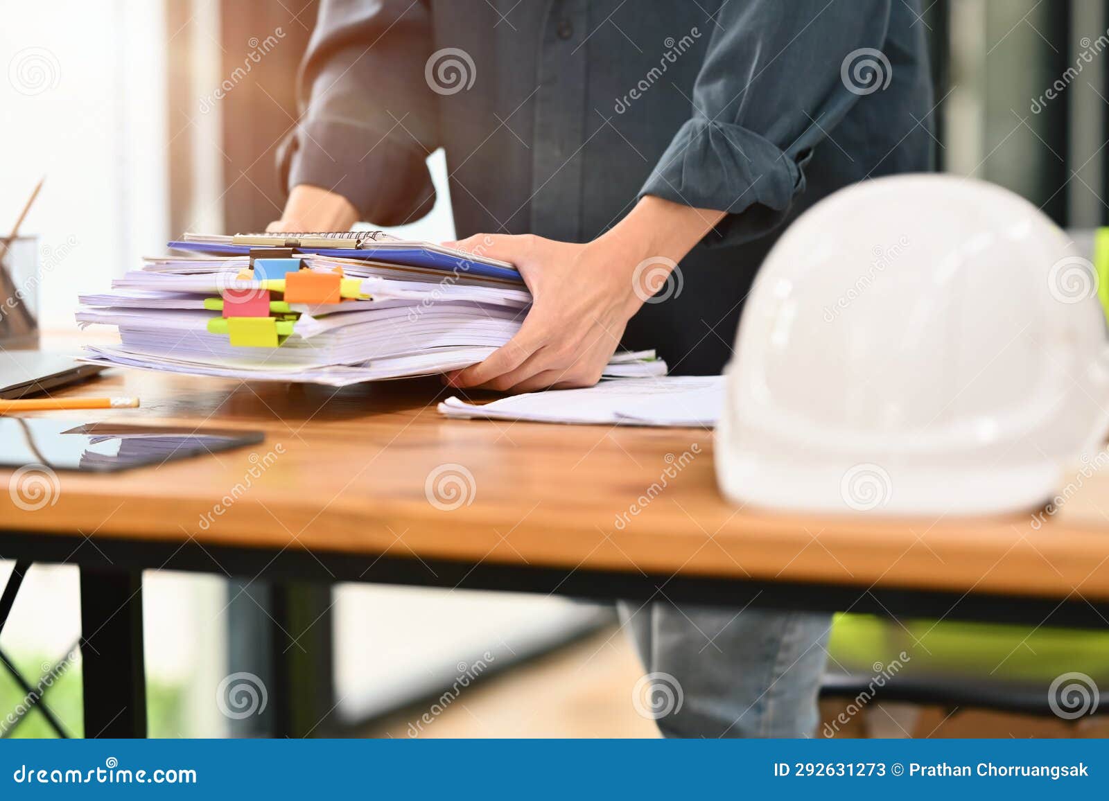 Architect Man Working on Construction Project and Preparing Document in ...