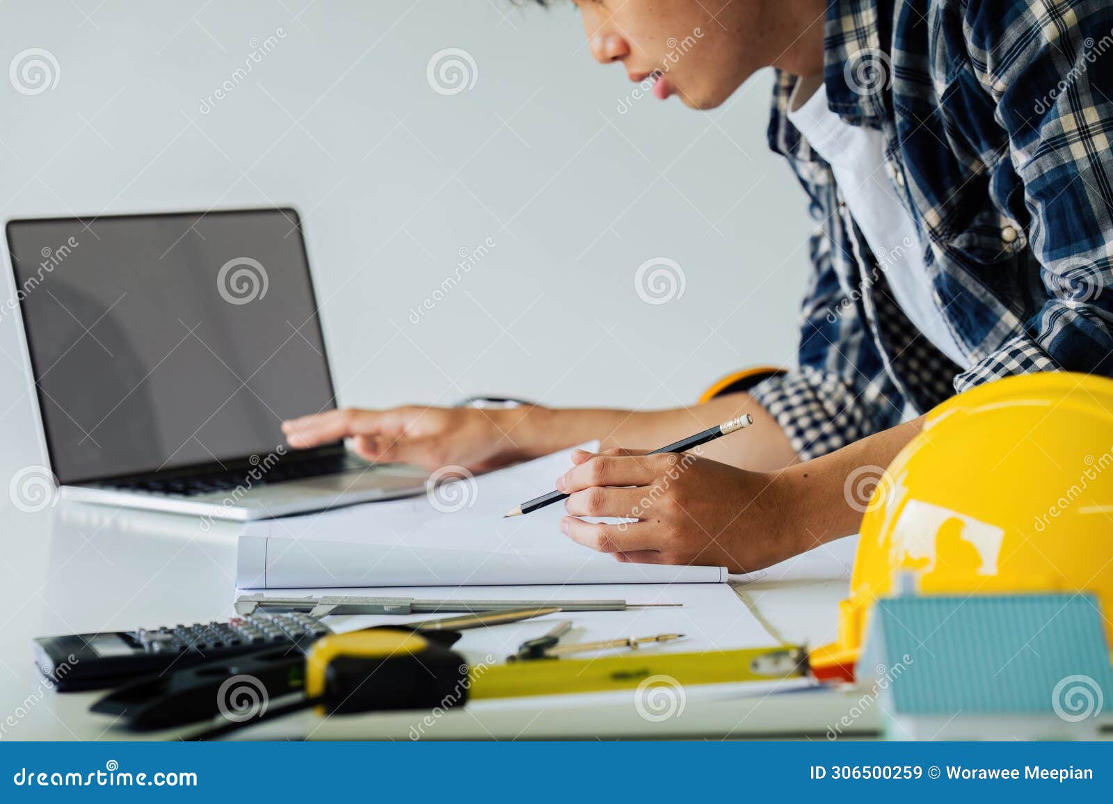 Architect Man Working with Laptop and Blueprints,engineer Inspection in ...