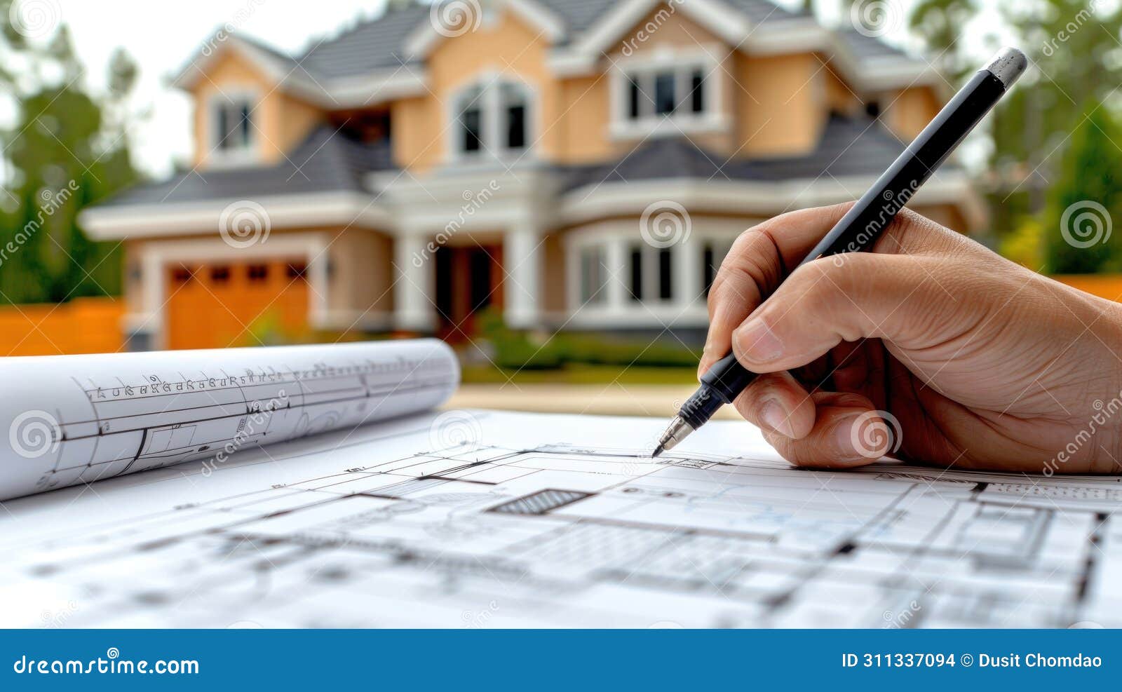 Architect Marking Blueprints for Home Renovation Project. Stock Photo ...