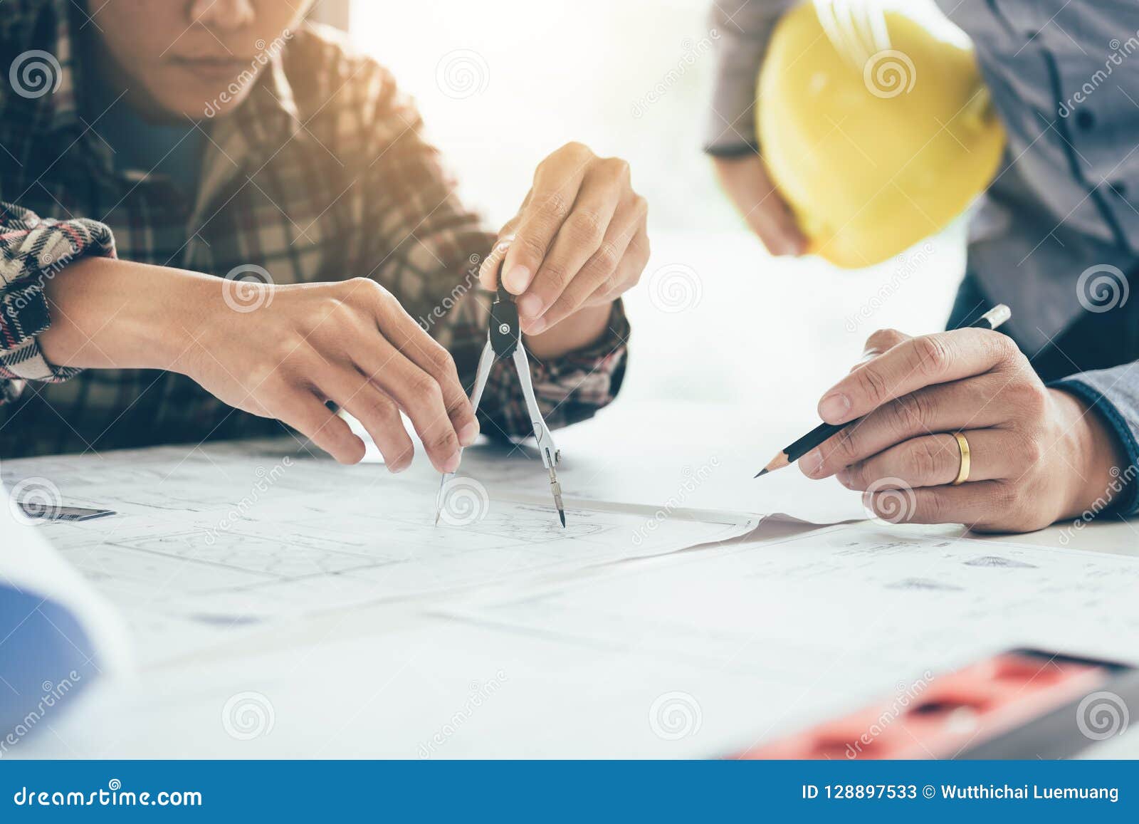 Architect People Working on Blueprint and Analysis with Partners Stock ...