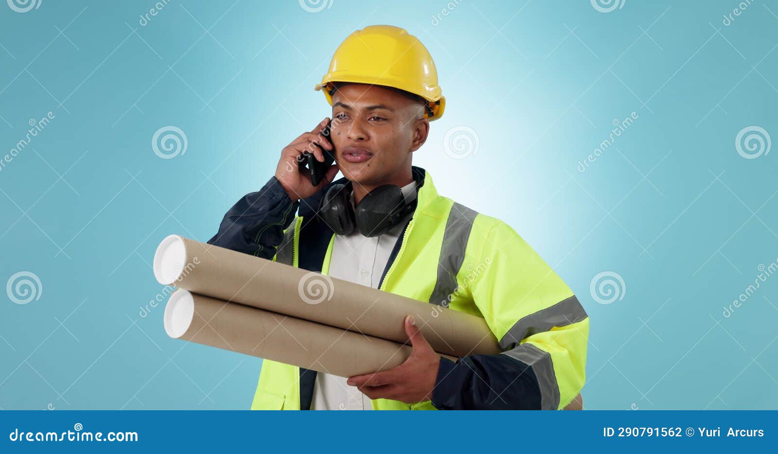 Architect, Plan and Phone Call of a Man in Studio for Communication and ...
