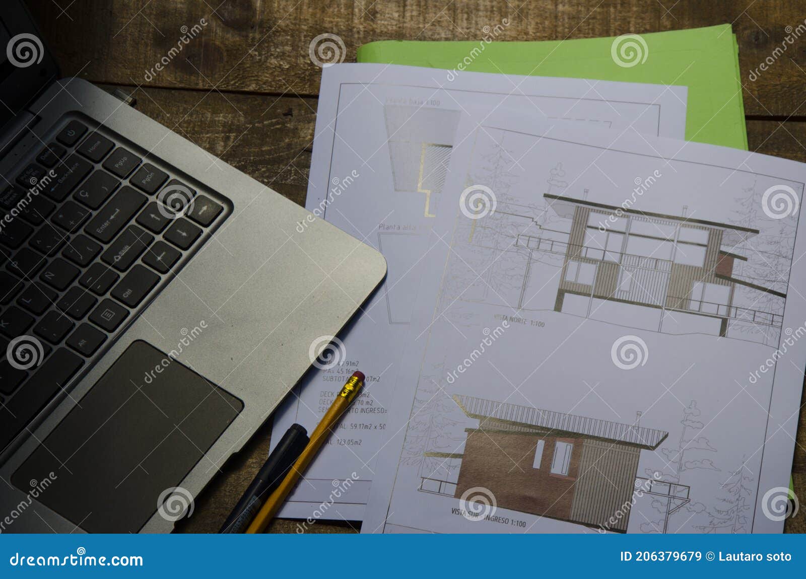 Architect Plans and Notebook on Wooden Table Stock Image - Image of ...
