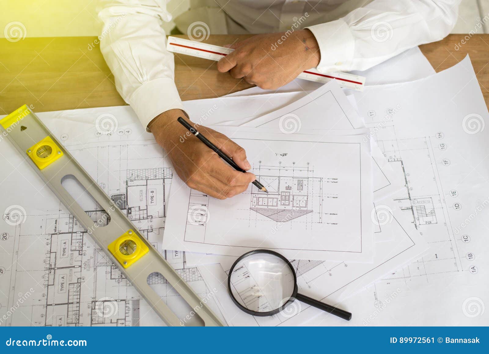 Architect Point at Blueprint Stock Image - Image of builder, concept ...