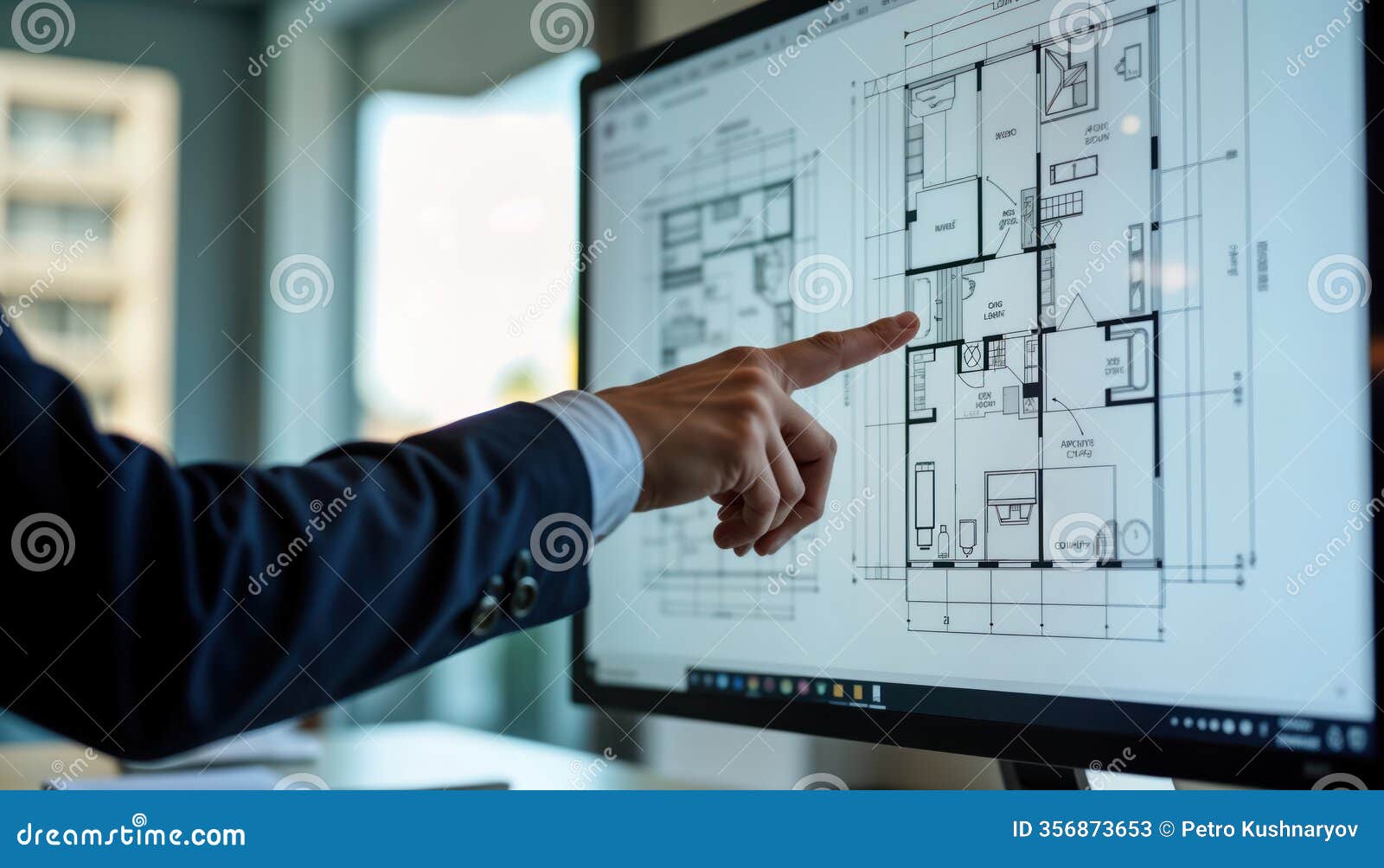 Architect Points at Interior Design Blueprints on Screen in Modern ...