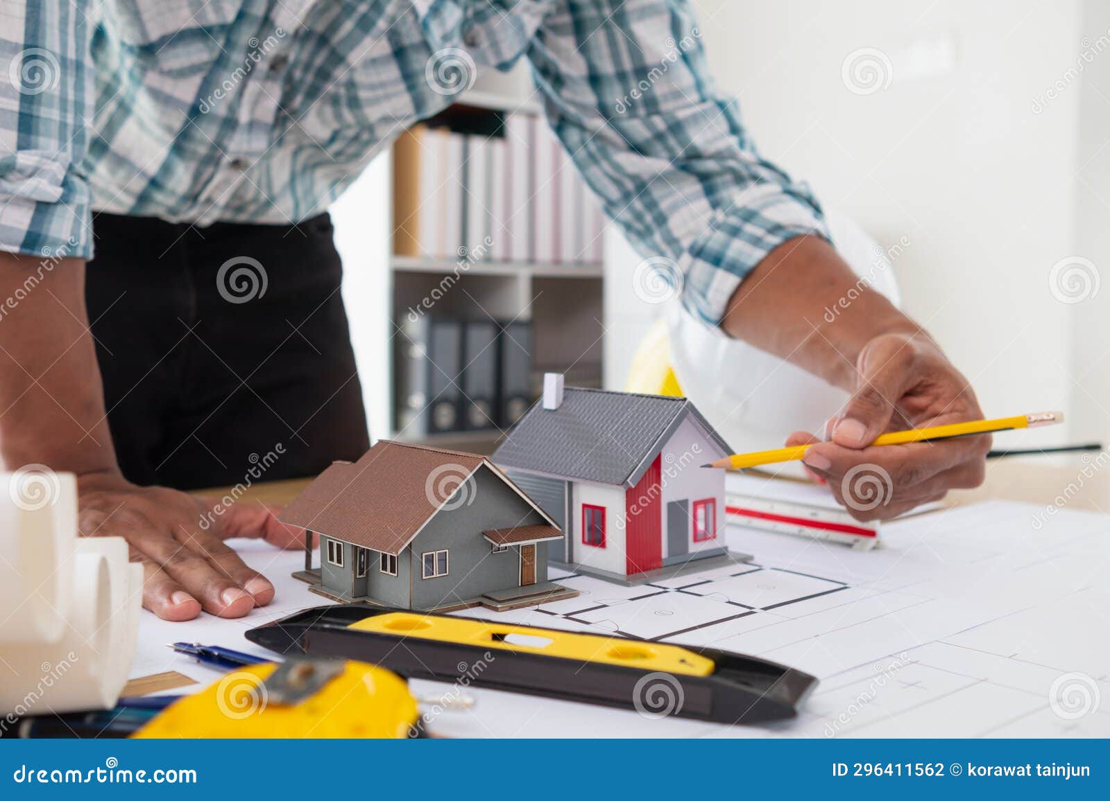 Architect is Preparing House Model and Construction Plans on Blueprints ...