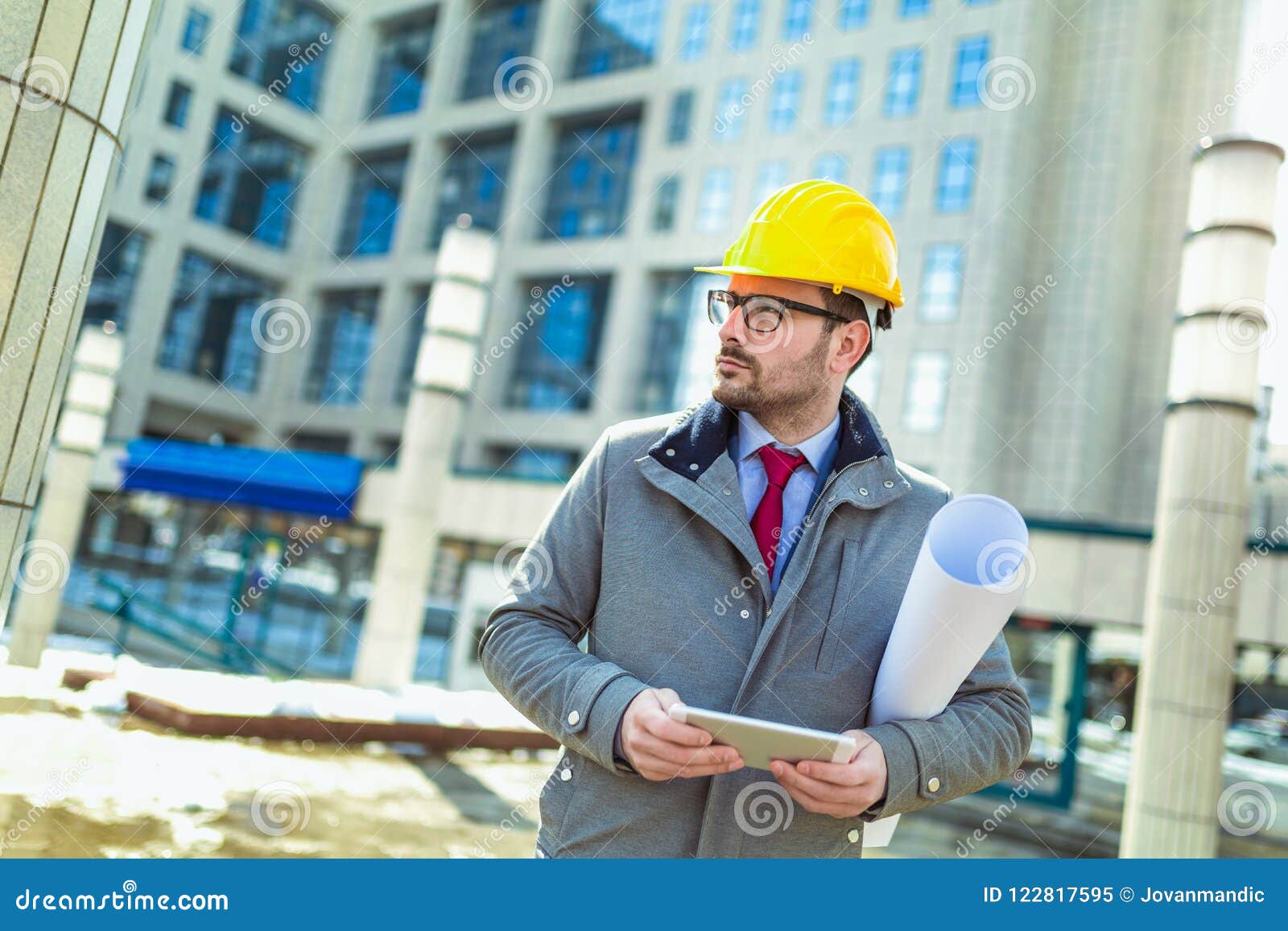 Architect in Protective Helmet Using Digital Tablet Stock Image - Image ...