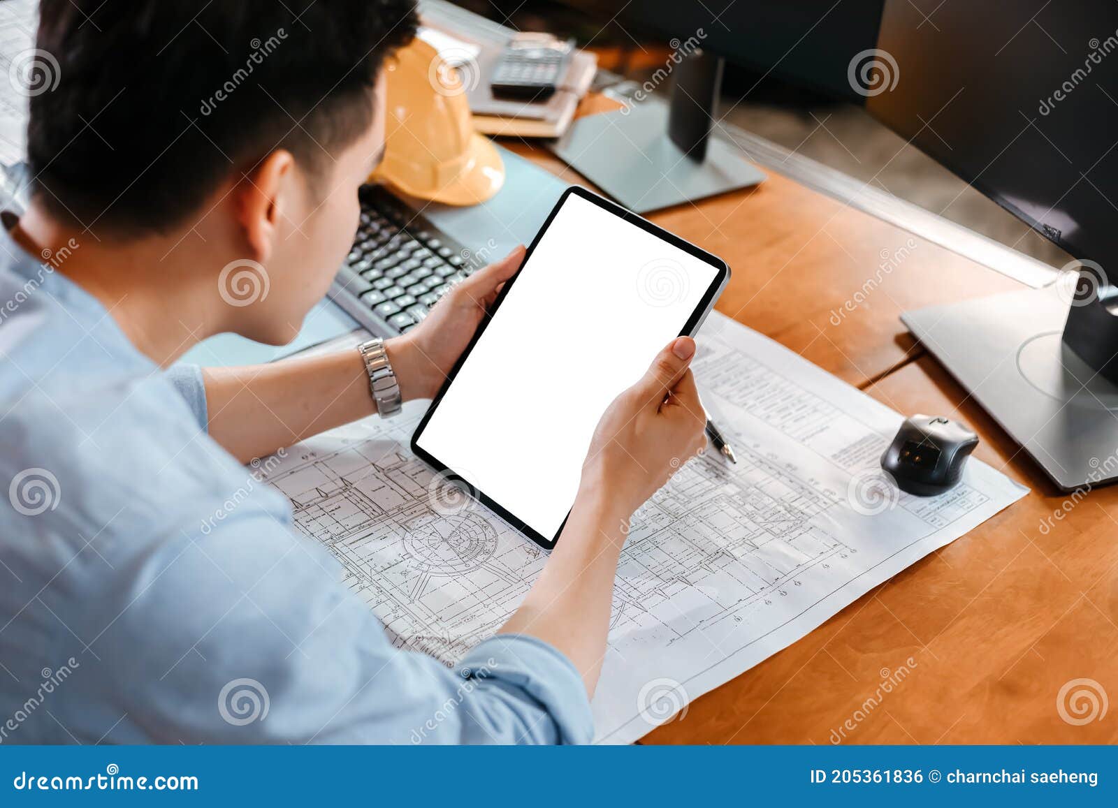 Architect Reading Building and Drawing Outlay Construction Plan As ...