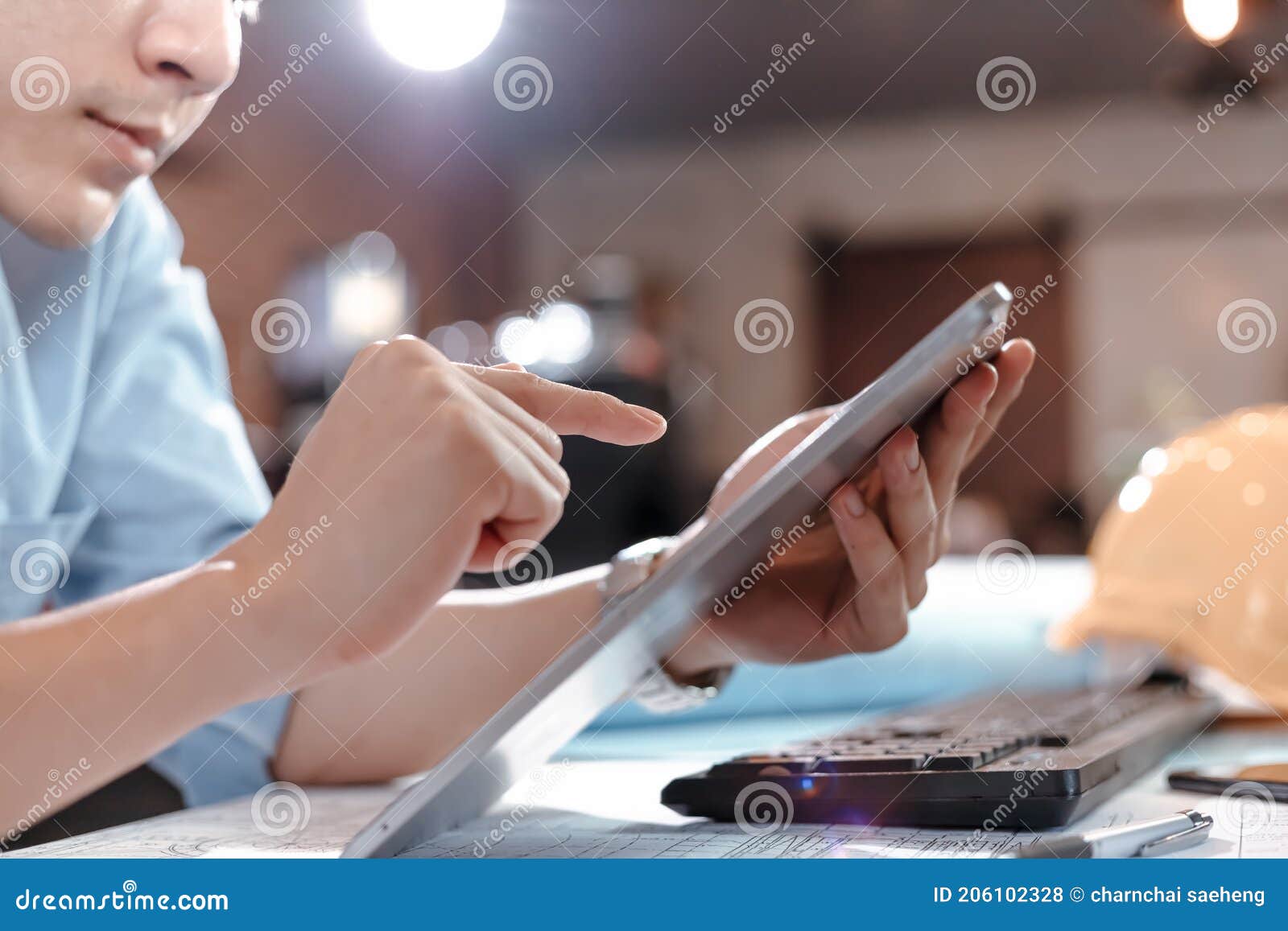 Architect Reading Building and Drawing Outlay Construction Plan As ...