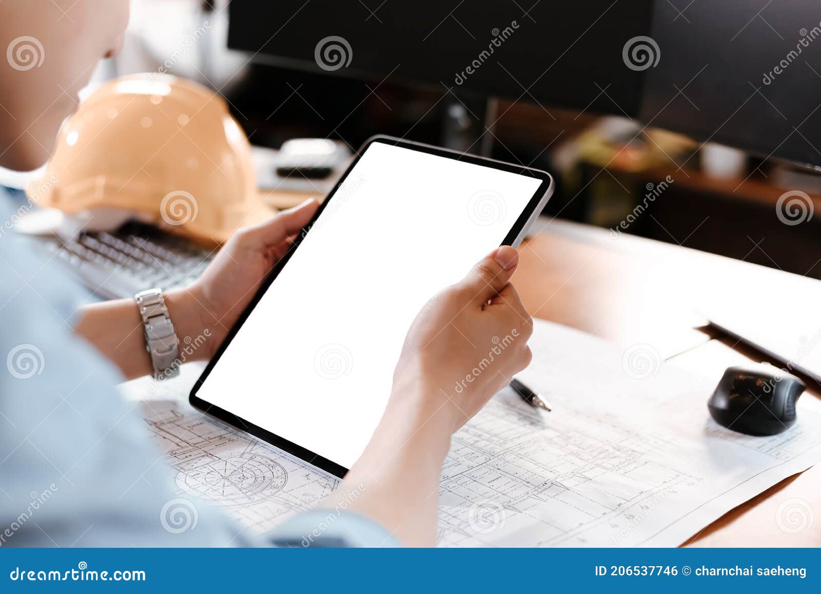 Architect Reading Building and Drawing Outlay Construction Plan As ...