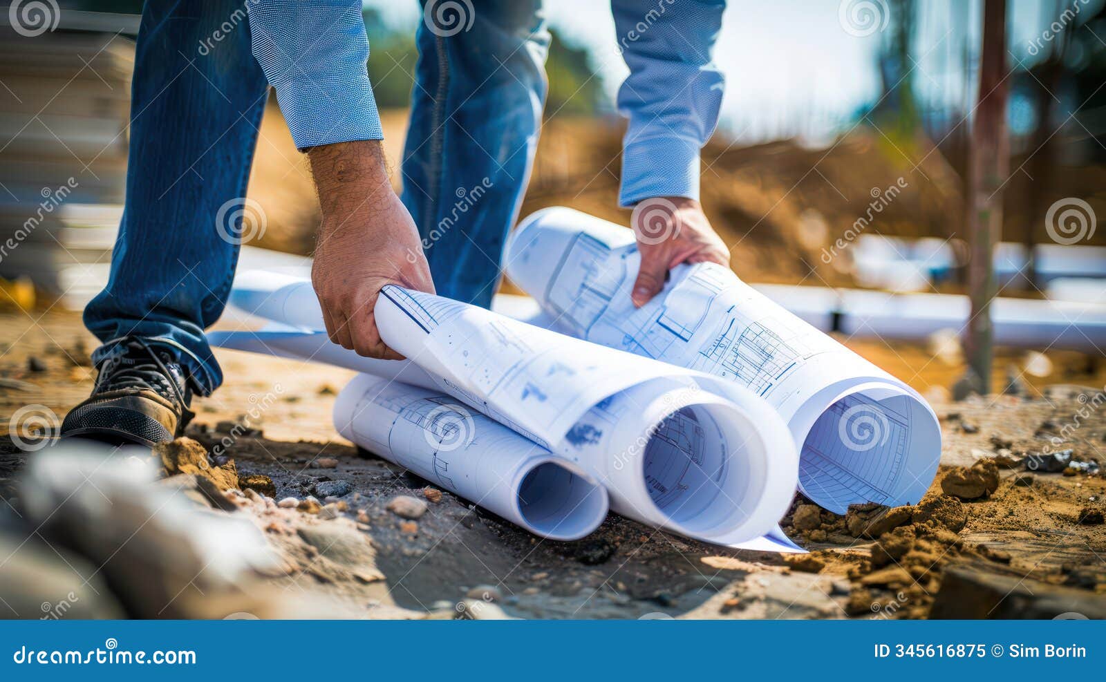 Architect Reviewing Blueprints at a Construction Stock Illustration ...