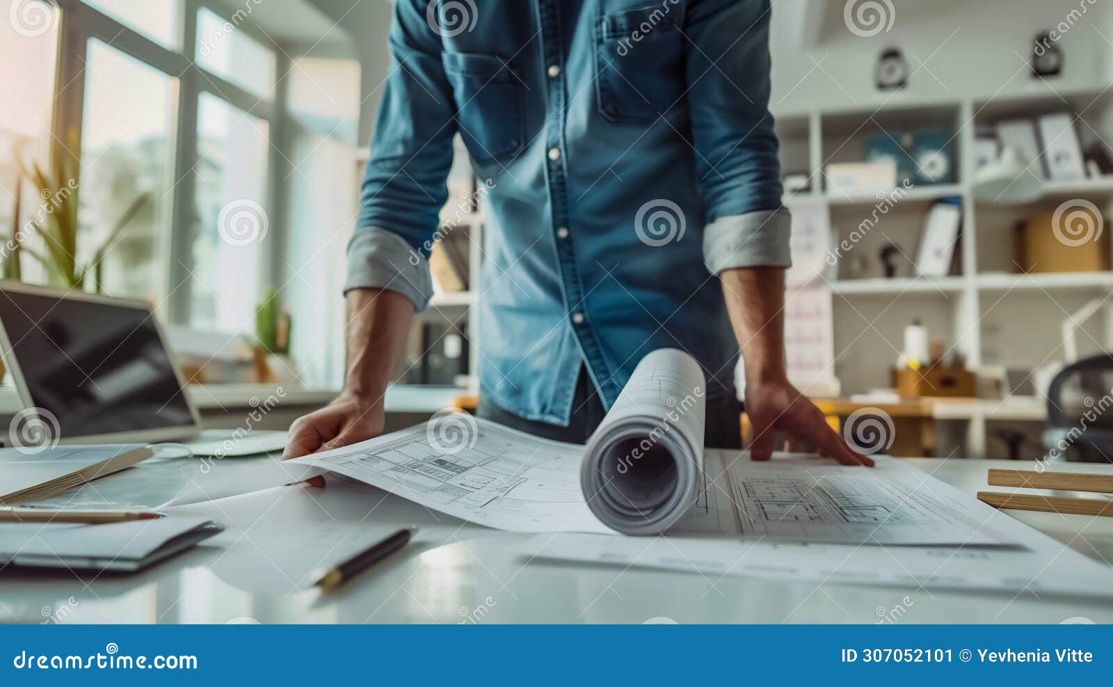 Architect Reviewing Blueprints in Modern Office. Generative Ai Stock ...