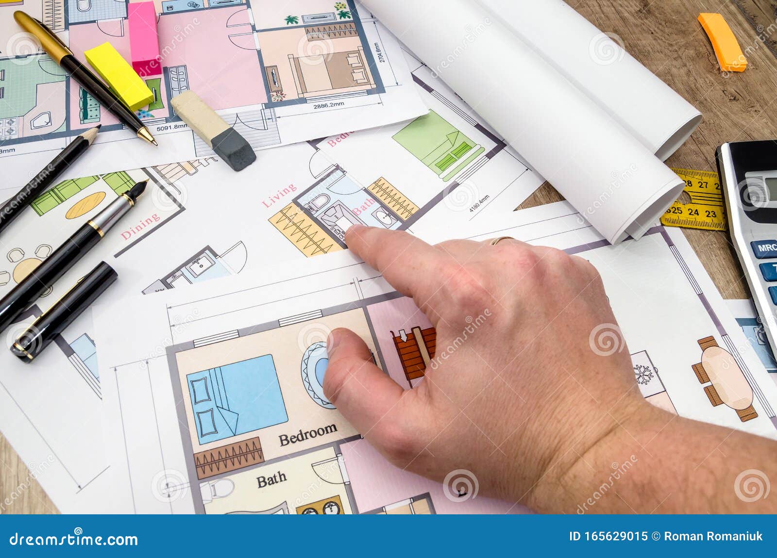 Architect Reviewing And Showing Blueprint. Architecture Sketch Royalty ...