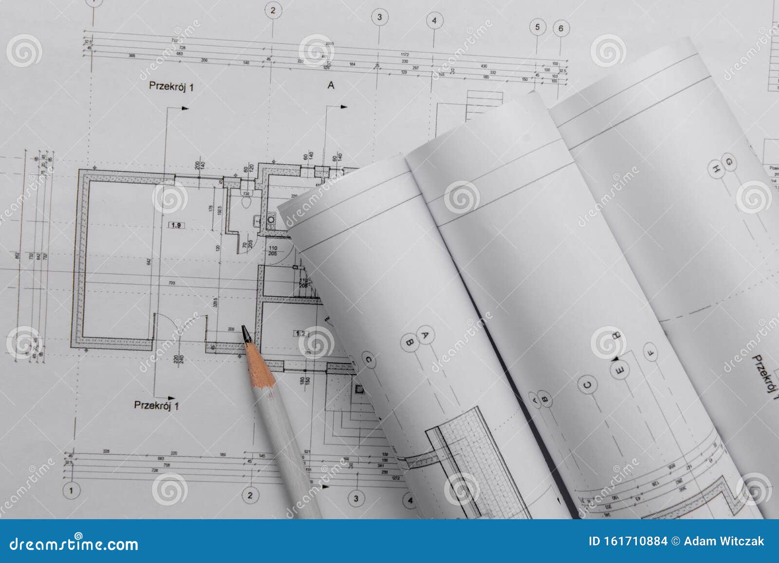 Architect Rolls and Architectural Plan,technical Project Drawing Stock ...