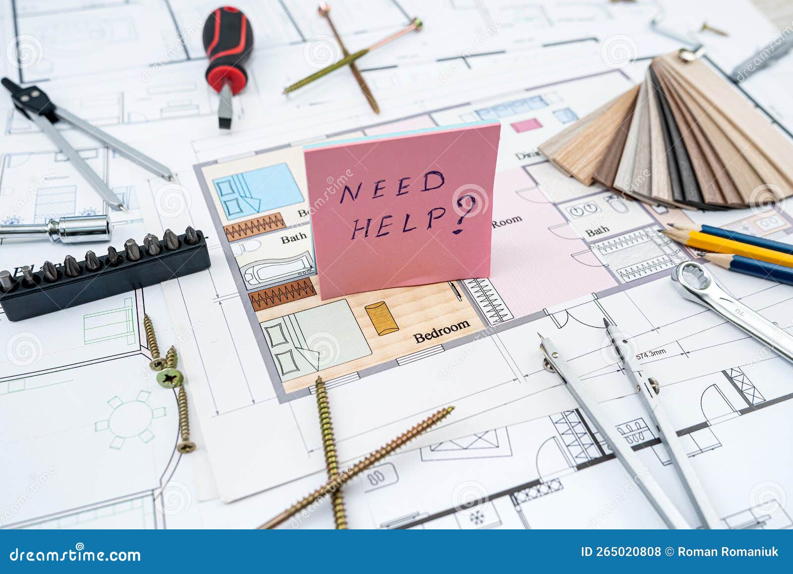 Architect with Rolls and Technical Project Drawing Plan. Top View of ...