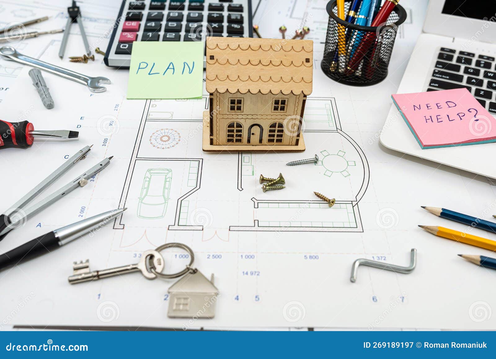 Architect with Rolls and Technical Project Drawing Plan. Top View of ...
