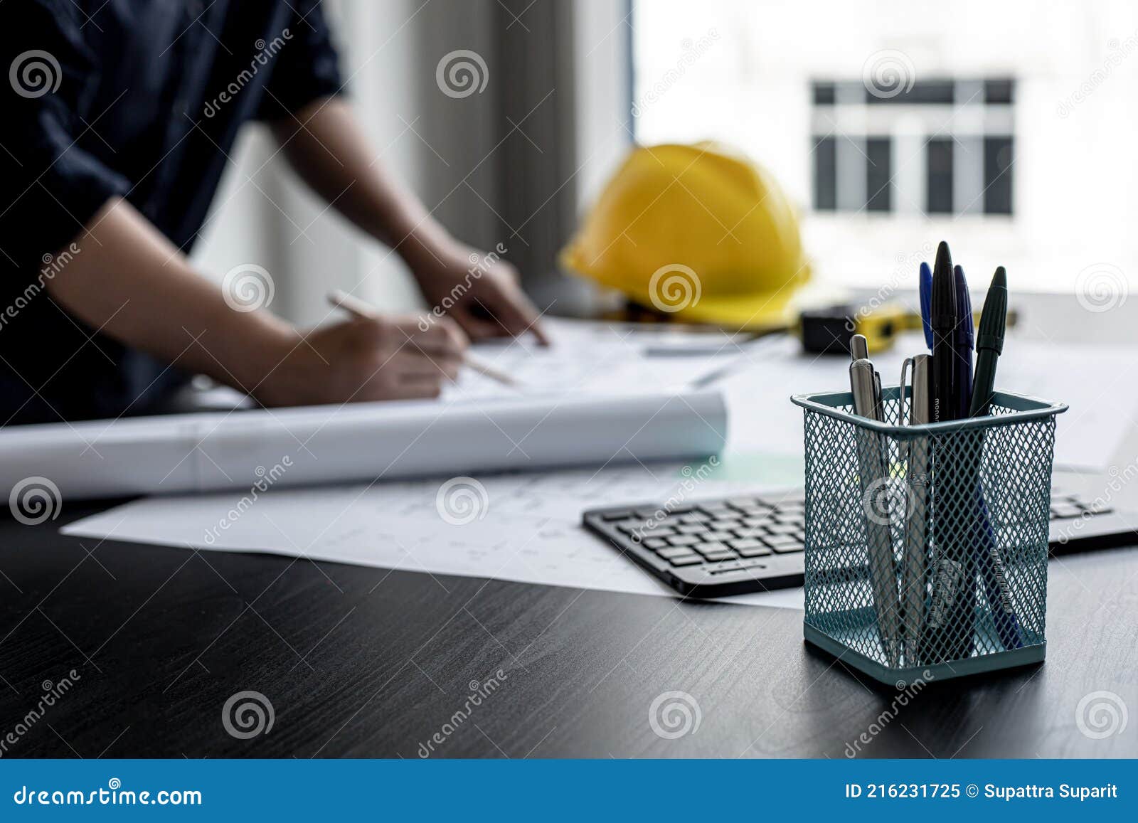 Architect`s Desk the Engineer Draws the Design of the House. Stock ...