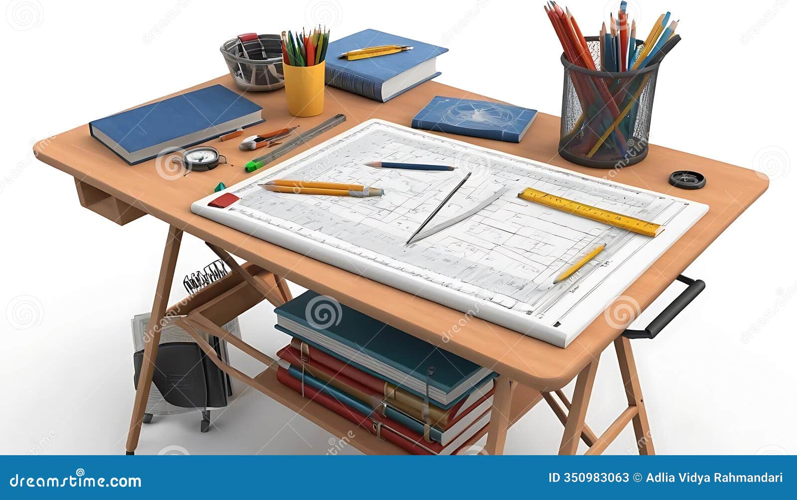 Architect S Drafting Table with Blueprint, Instruments, and Books a ...