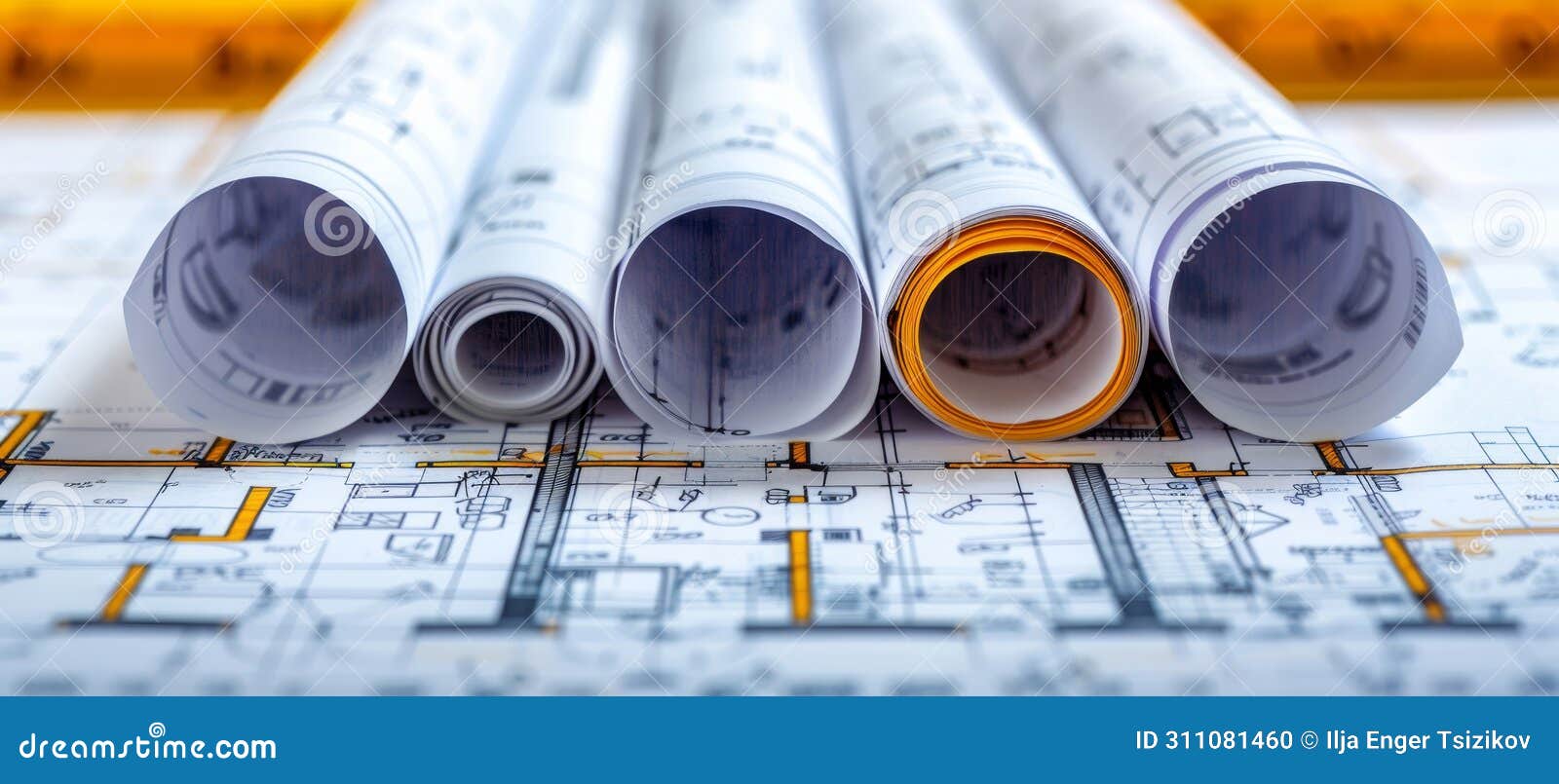 Architect S Rolled Blueprint Plan and Technical Project Drawing for ...