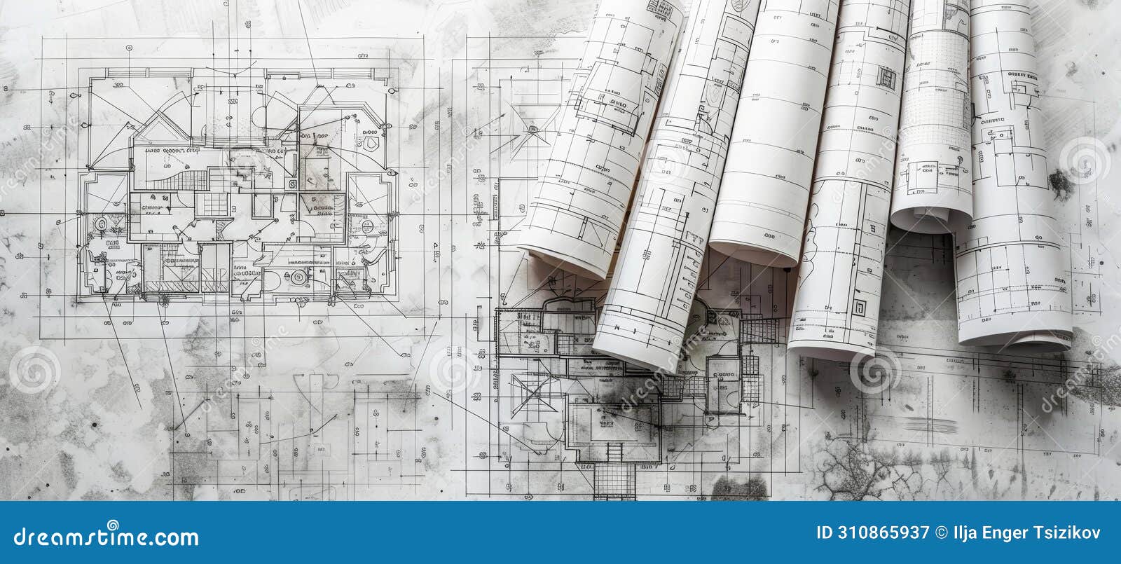 Architect S Rolled Blueprint with Technical Project Drawing and ...