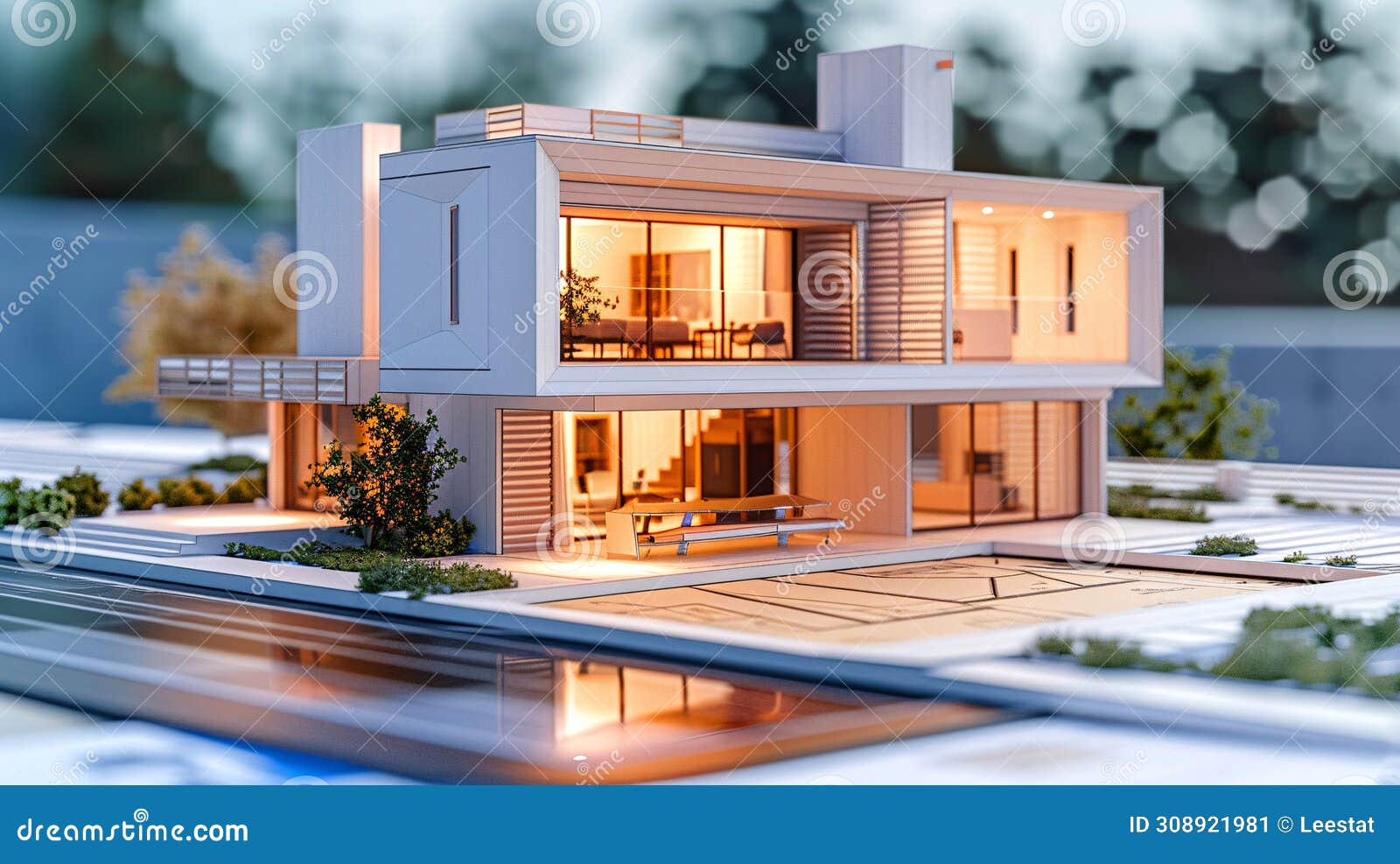 Architect S Vision: Realistic Modern House Model on Architectural Plan ...