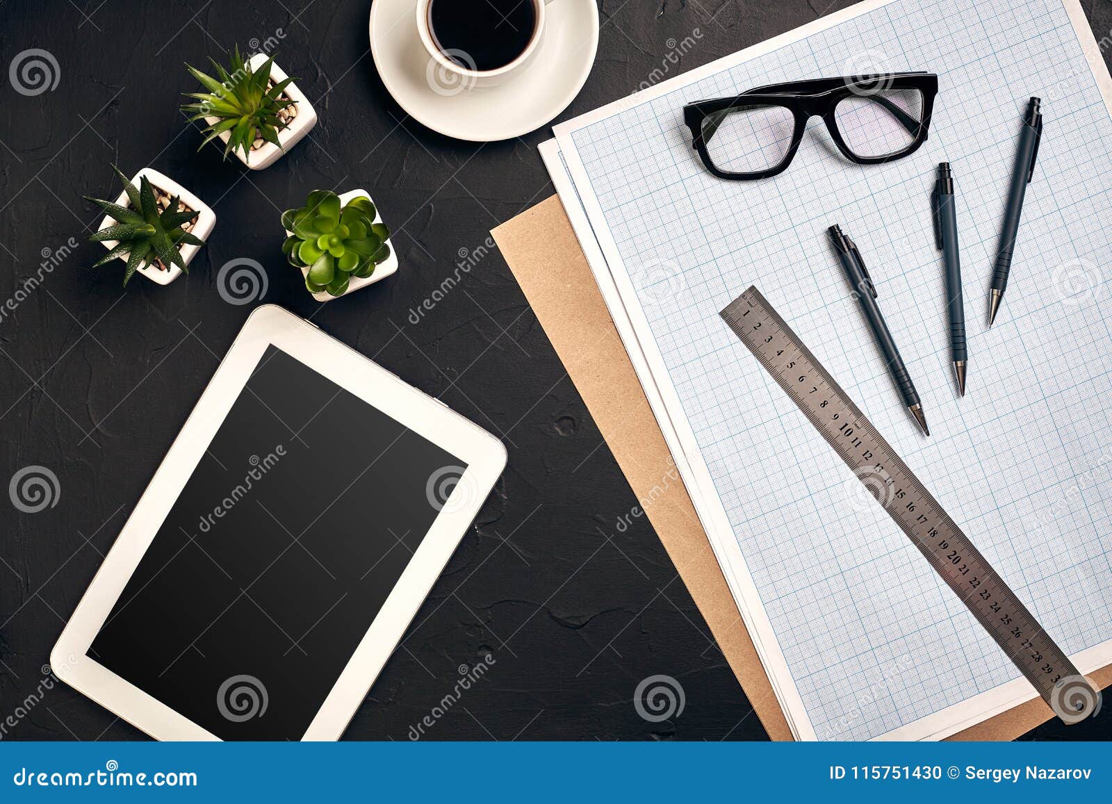 Architect`s Work Tools on Black Background. Top View Stock Photo ...