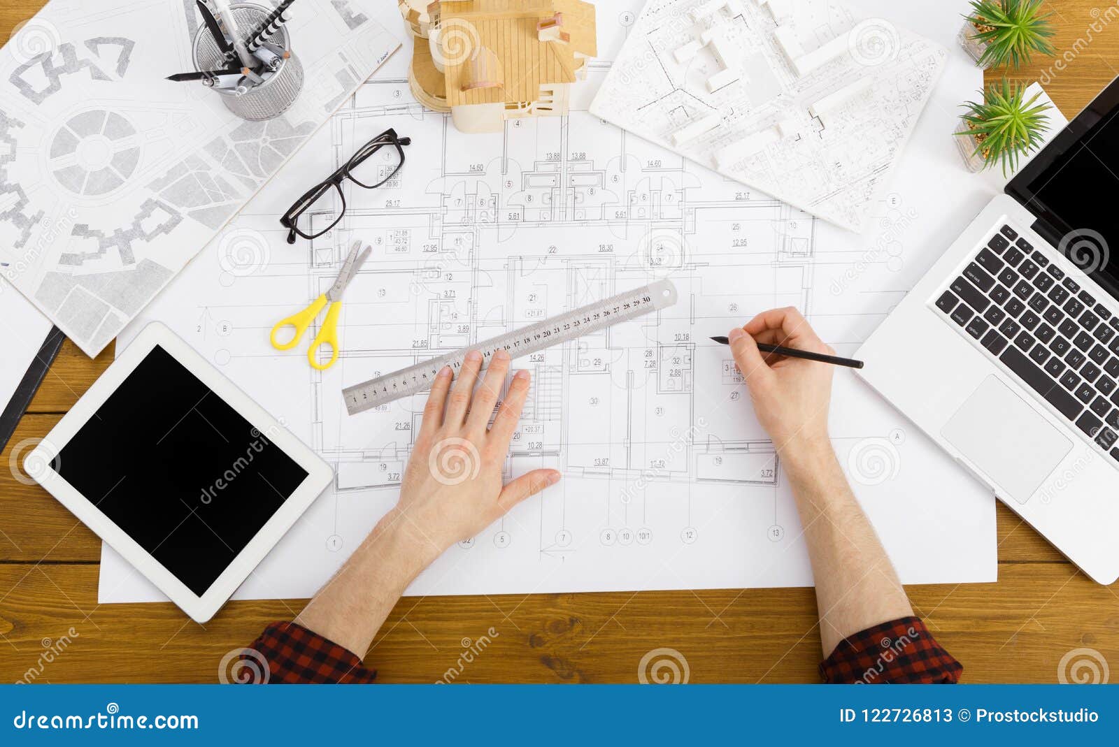 Architect`s Working Table, Top View. Stock Image - Image of graphic ...