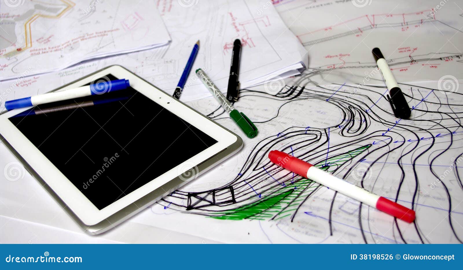 Architect Sketches with Markers, Pens and Tablet Stock Photo - Image of ...