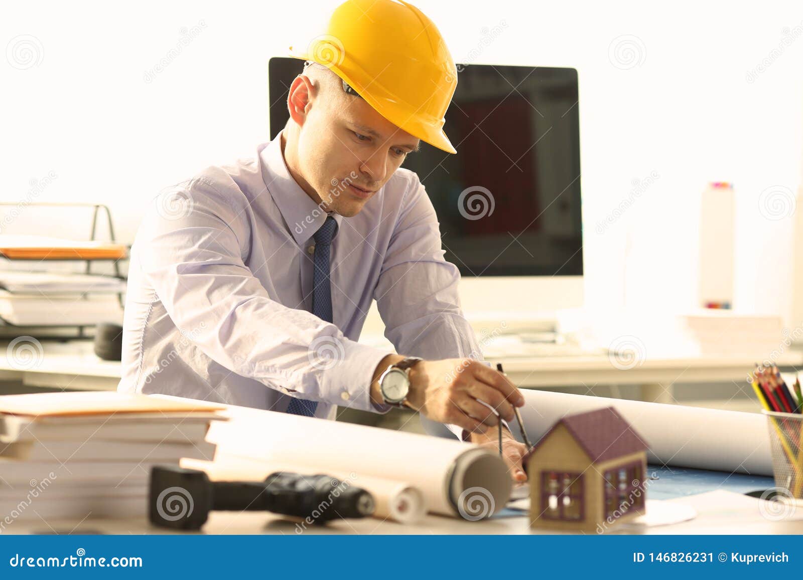 Architect Sketching A Construction Project Blueprint Stock Photography ...