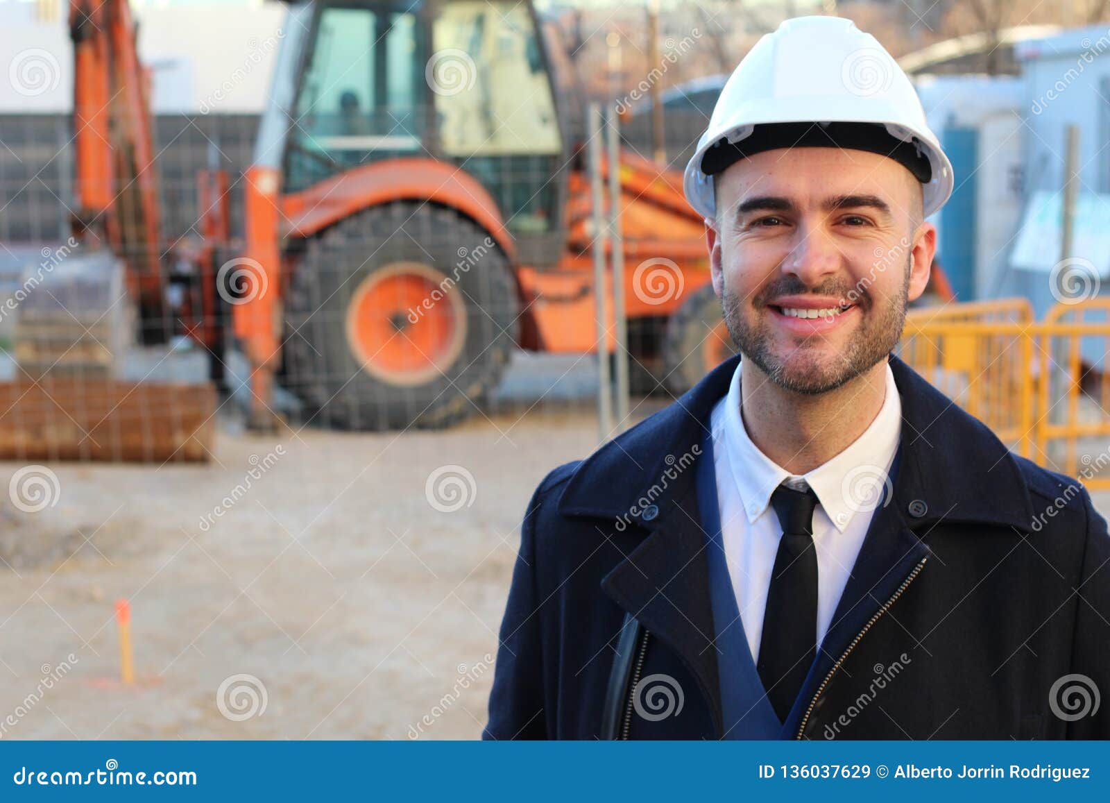 Architect Smiling in Construction Site Stock Image - Image of hardhat ...