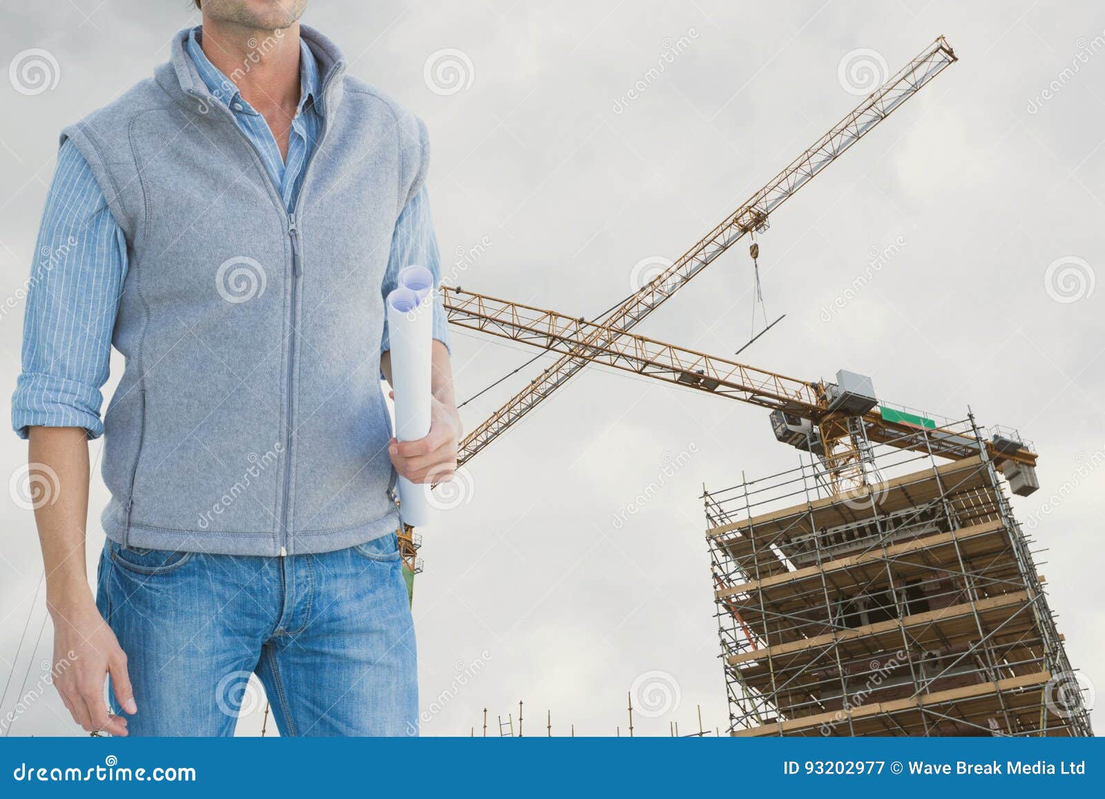Architect Standing on Holds Plan Against Building Under Construction ...