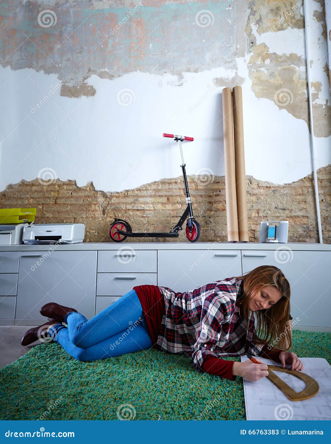 Architect Student Woman at Homework on Carpet Stock Image - Image of ...