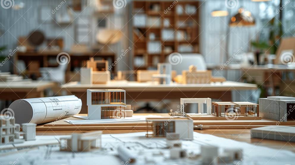 Architect Studio with Blueprints and Scale Models, Detailed and ...