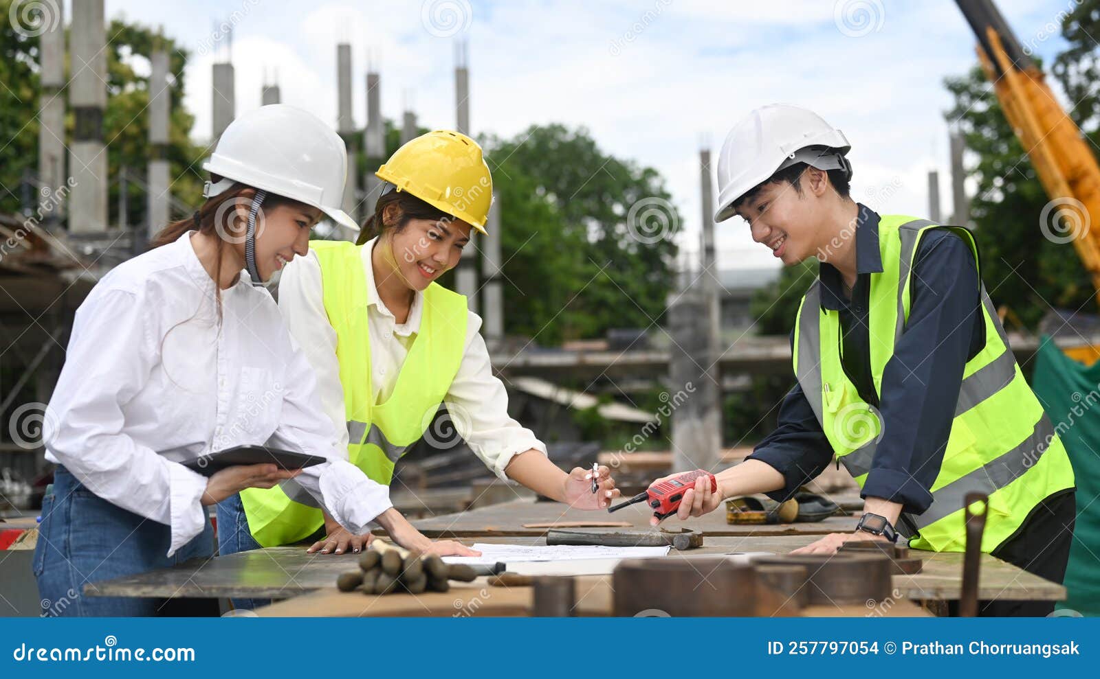 Architect Team and Engineer Supervisor Wearing Safety Helmet Working ...