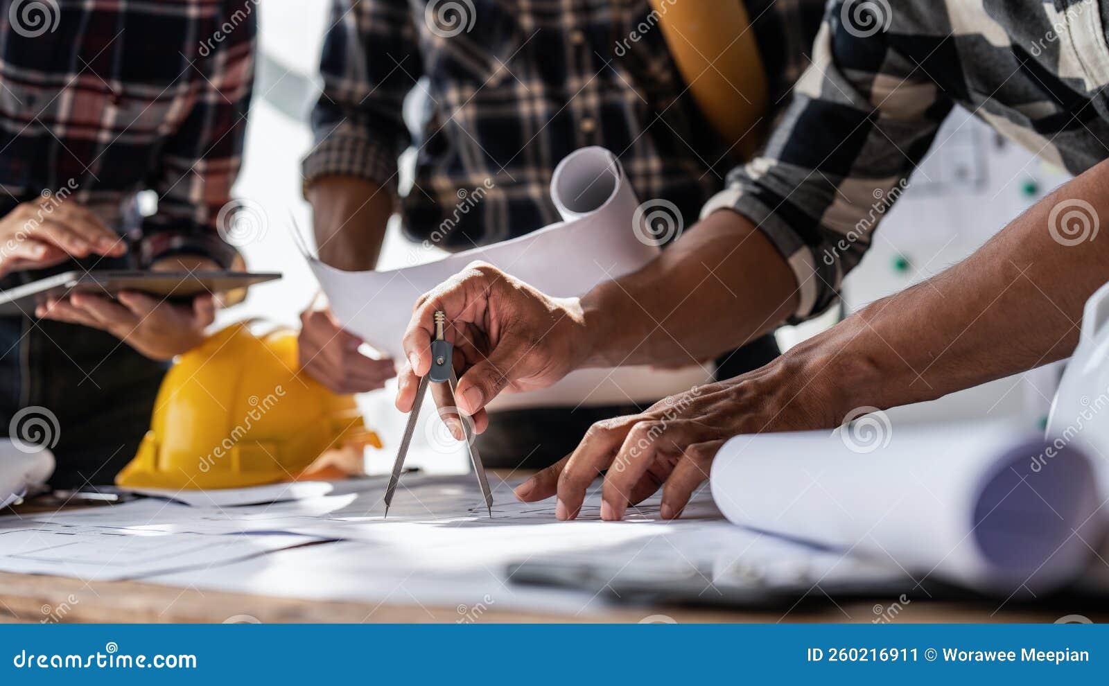 Architect Team Working with Blueprints for Architectural Plan, Engineer ...