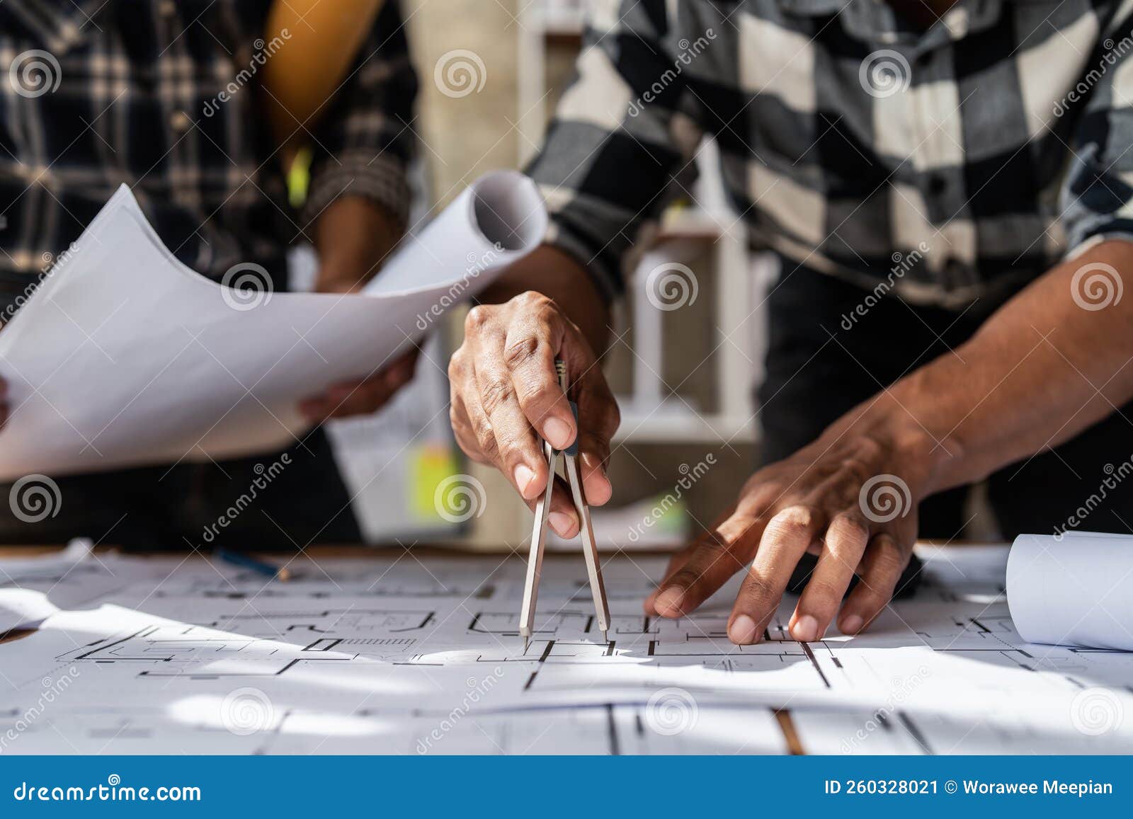 Architect Team Working with Blueprints for Architectural Plan, Engineer ...
