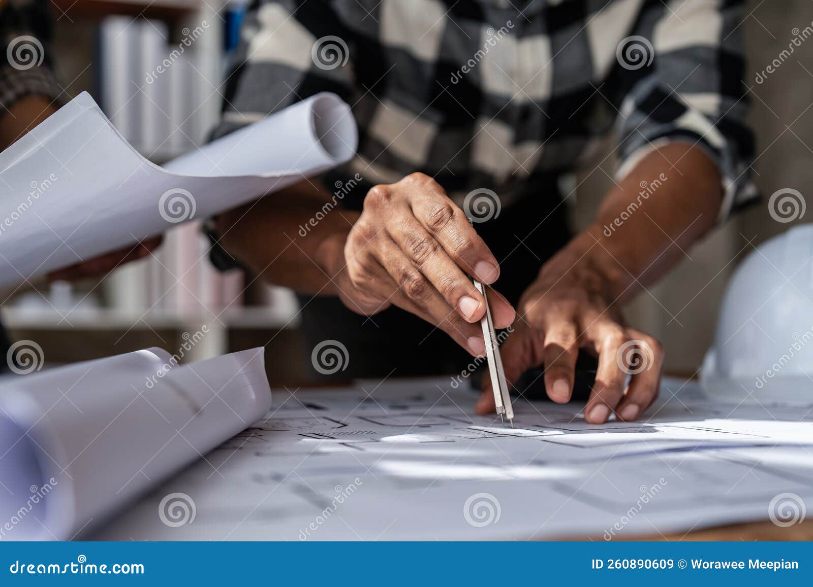 Architect Team Working with Blueprints for Architectural Plan, Engineer ...