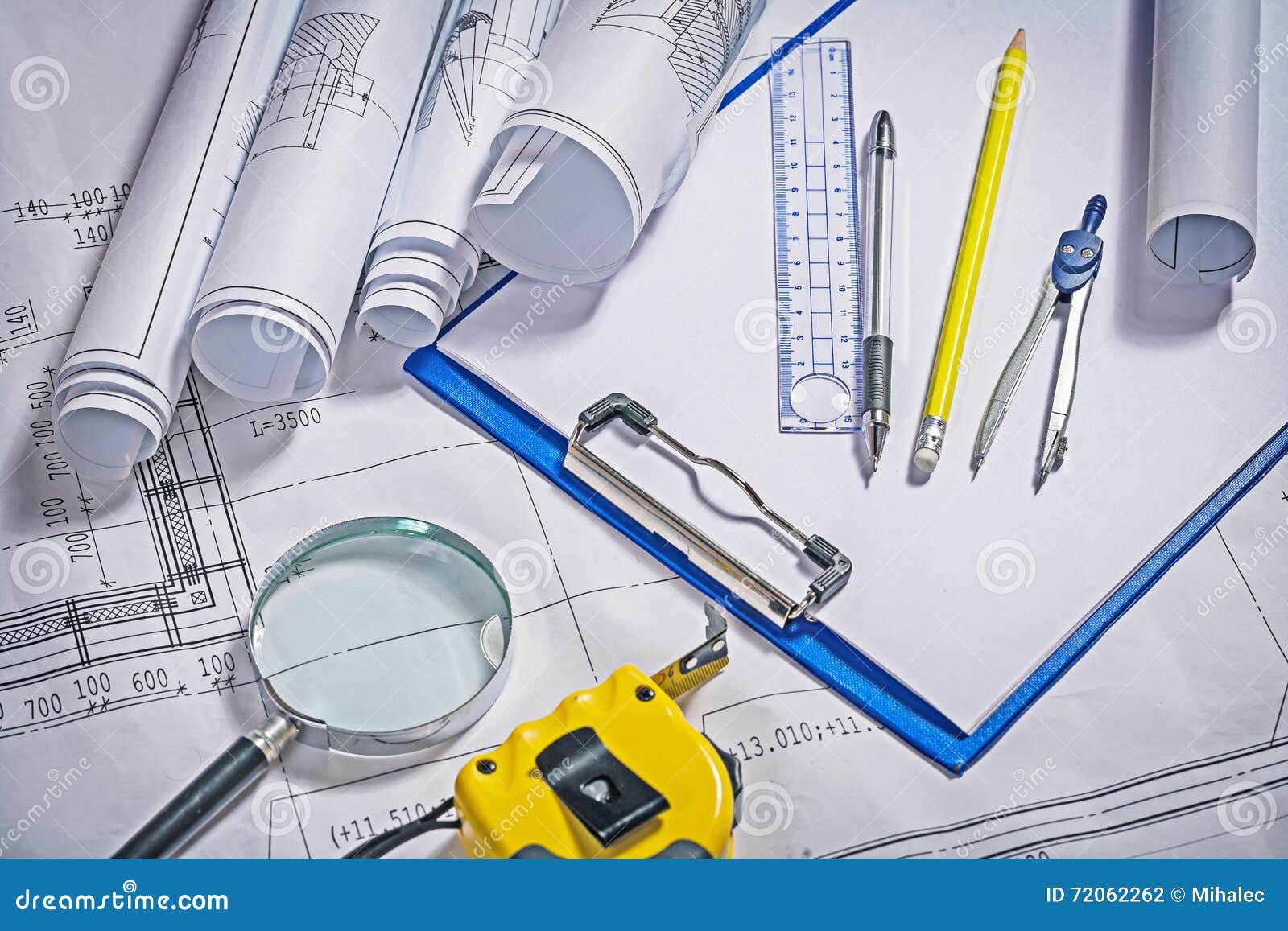 Set Of Architect Tools On White Blueprint Royalty-Free Stock ...