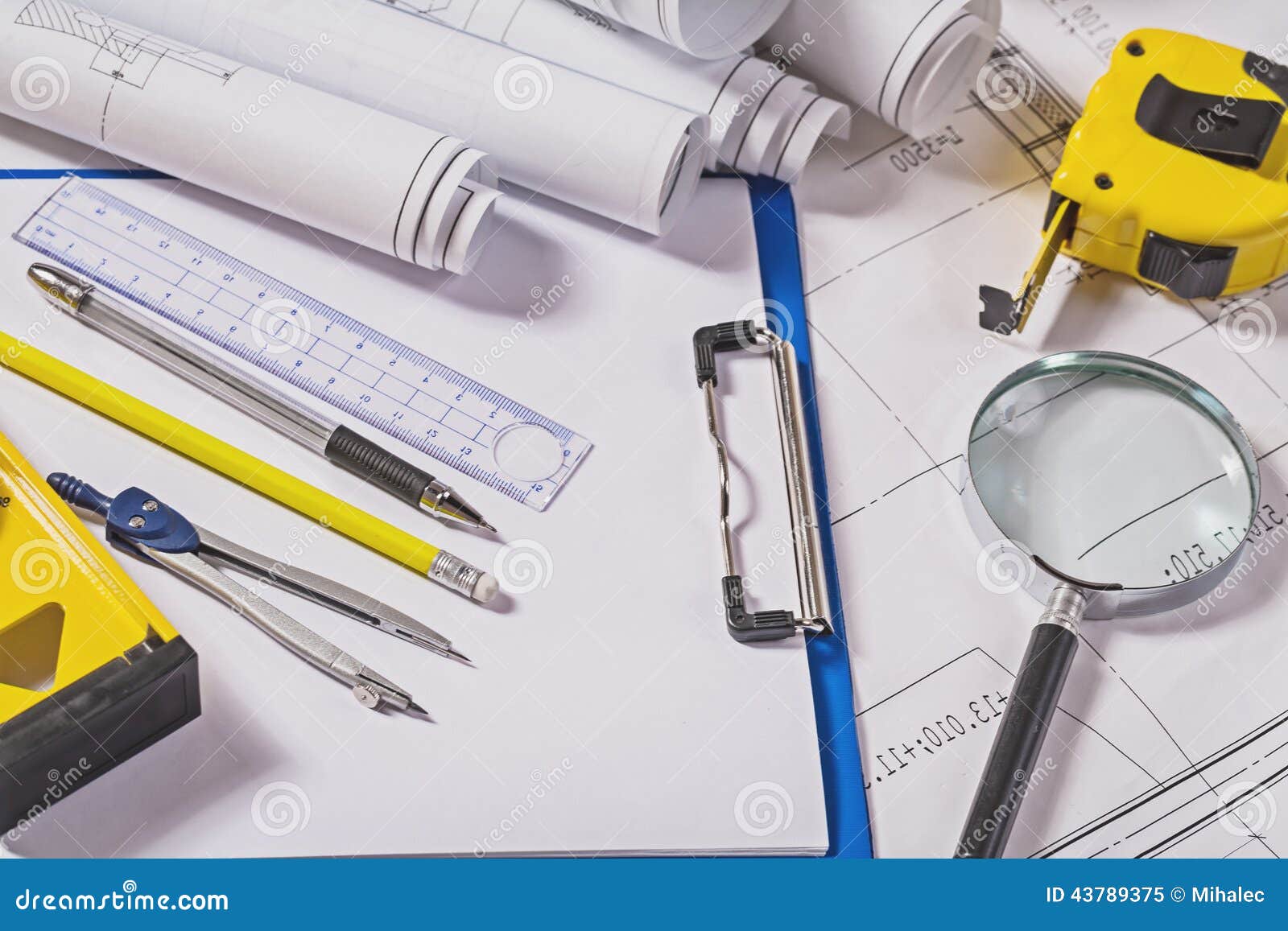 Architect Tools on Blueprints Stock Image - Image of close, measurement ...