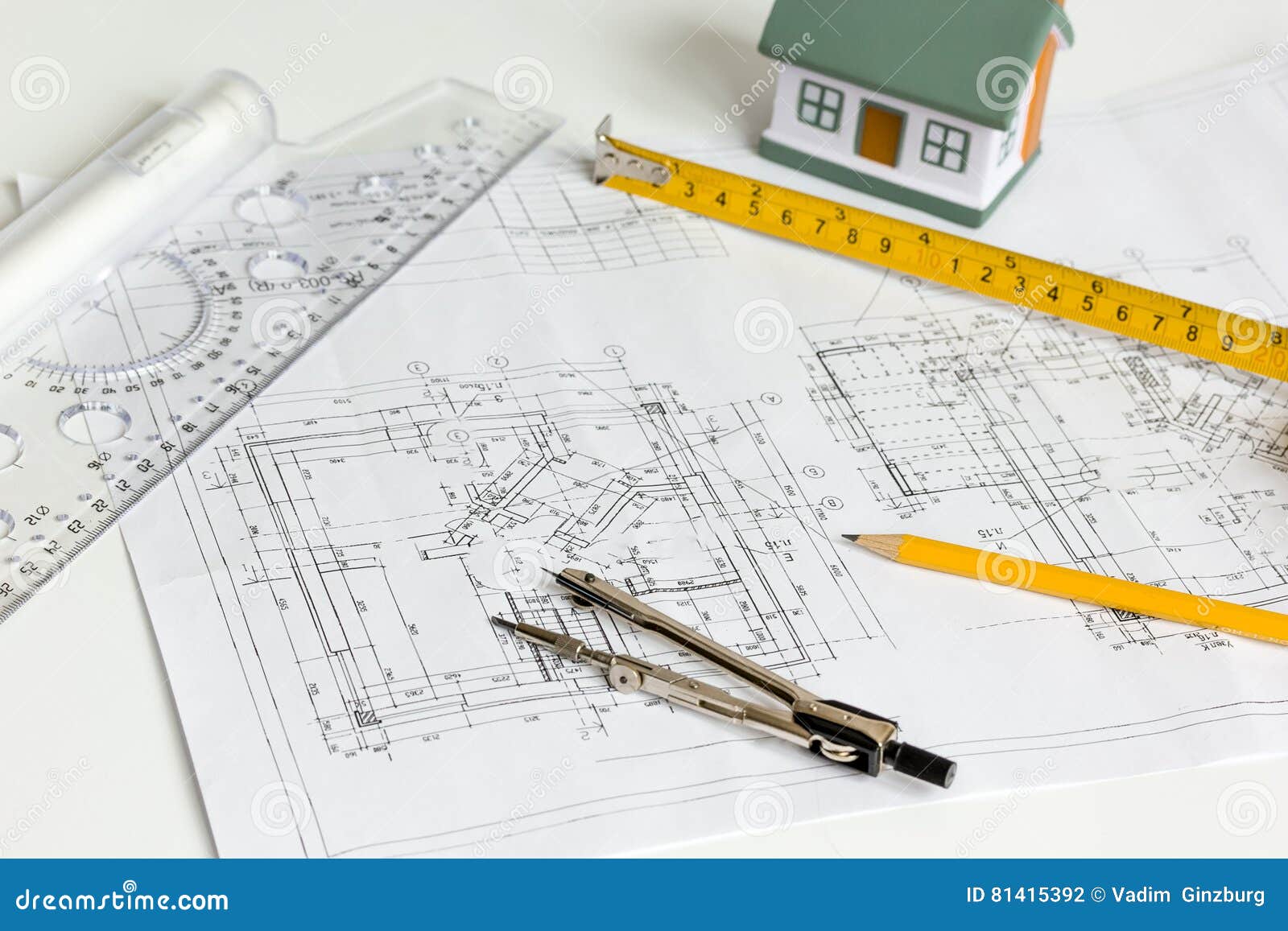 Architect Tools on White Background with Drawings Apartments Top View ...
